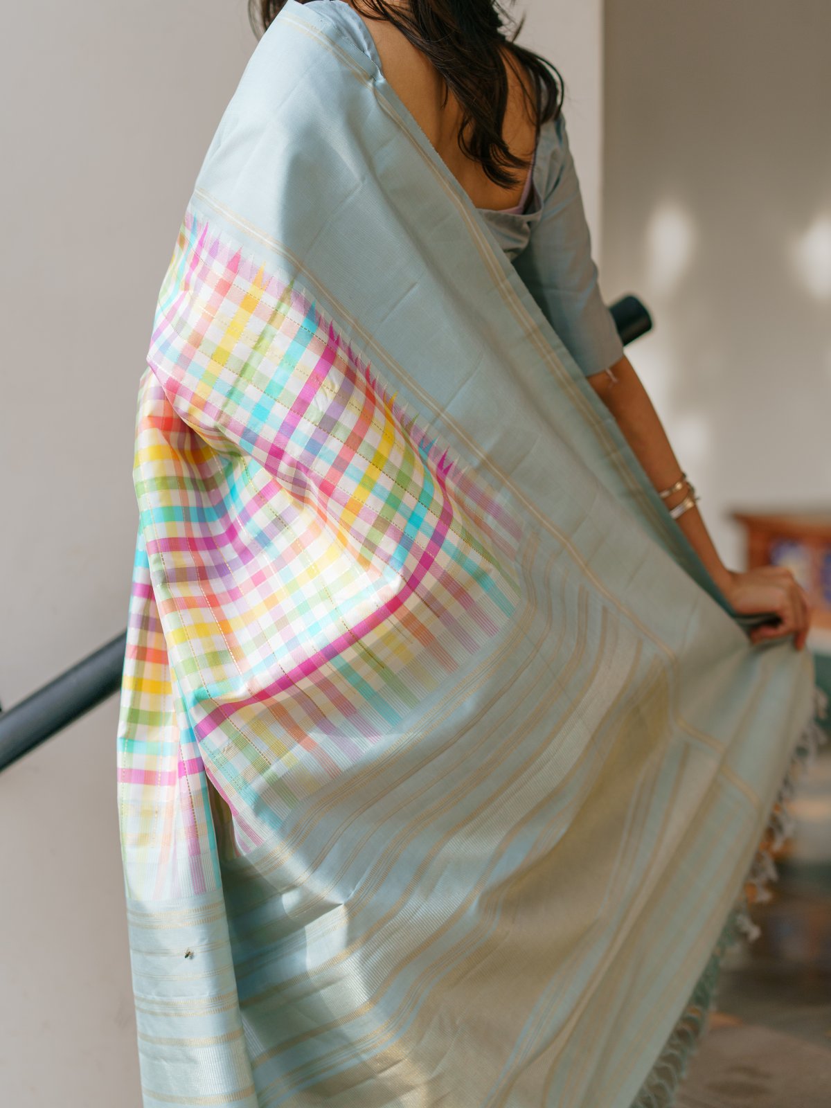 Multi-colour Checked Kanjeevaram Silk Saree with Grey Border - Tulsi Weaves