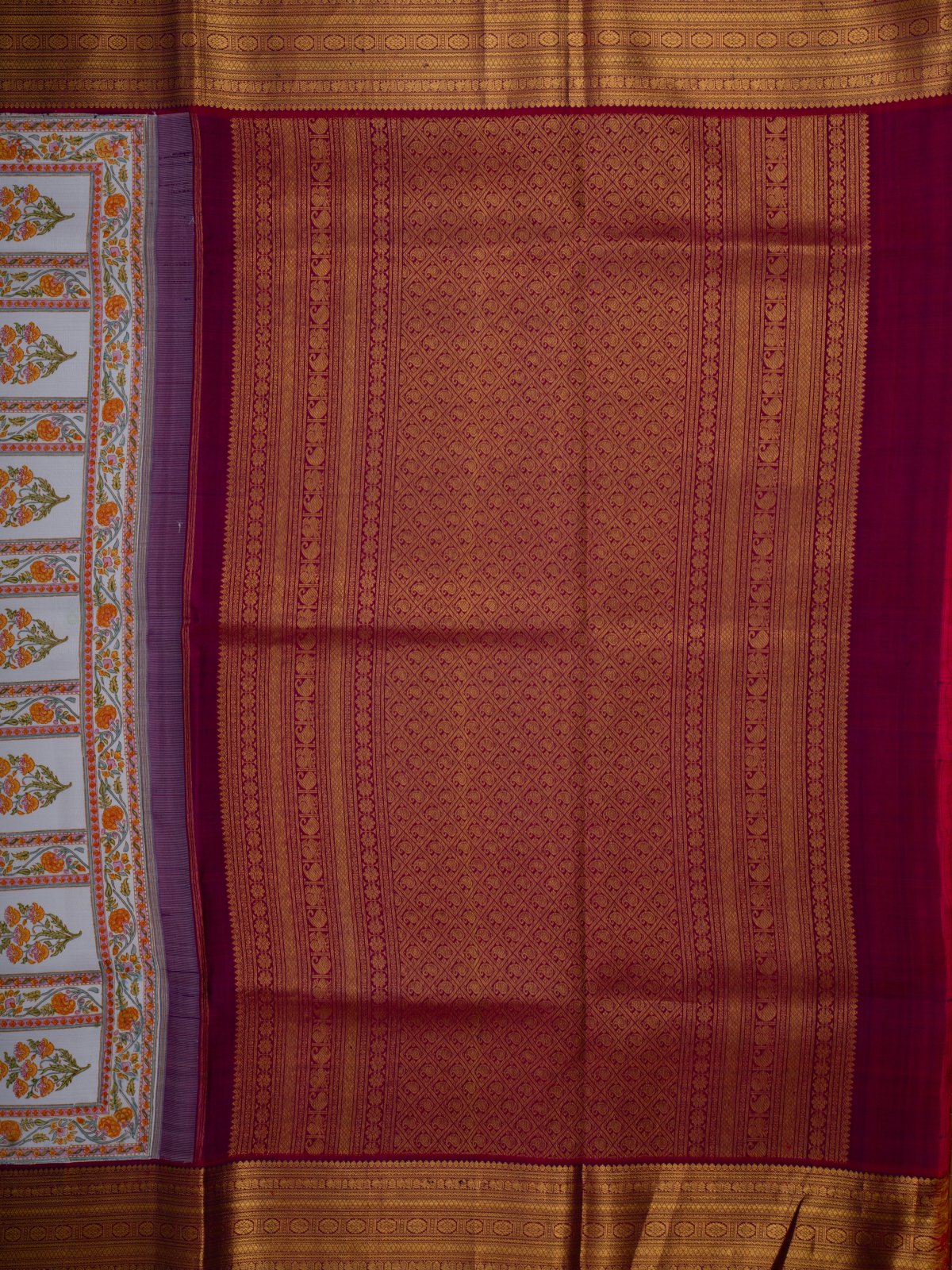 Elegant Floral Block print Kanjeevaram Silk Saree Shop Now - Tulsi Weaves