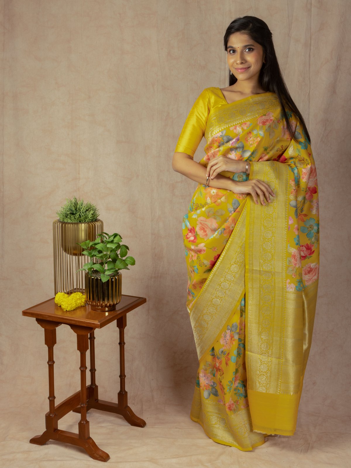 Yellow Tussar Silk Saree with Floral Banaras Border