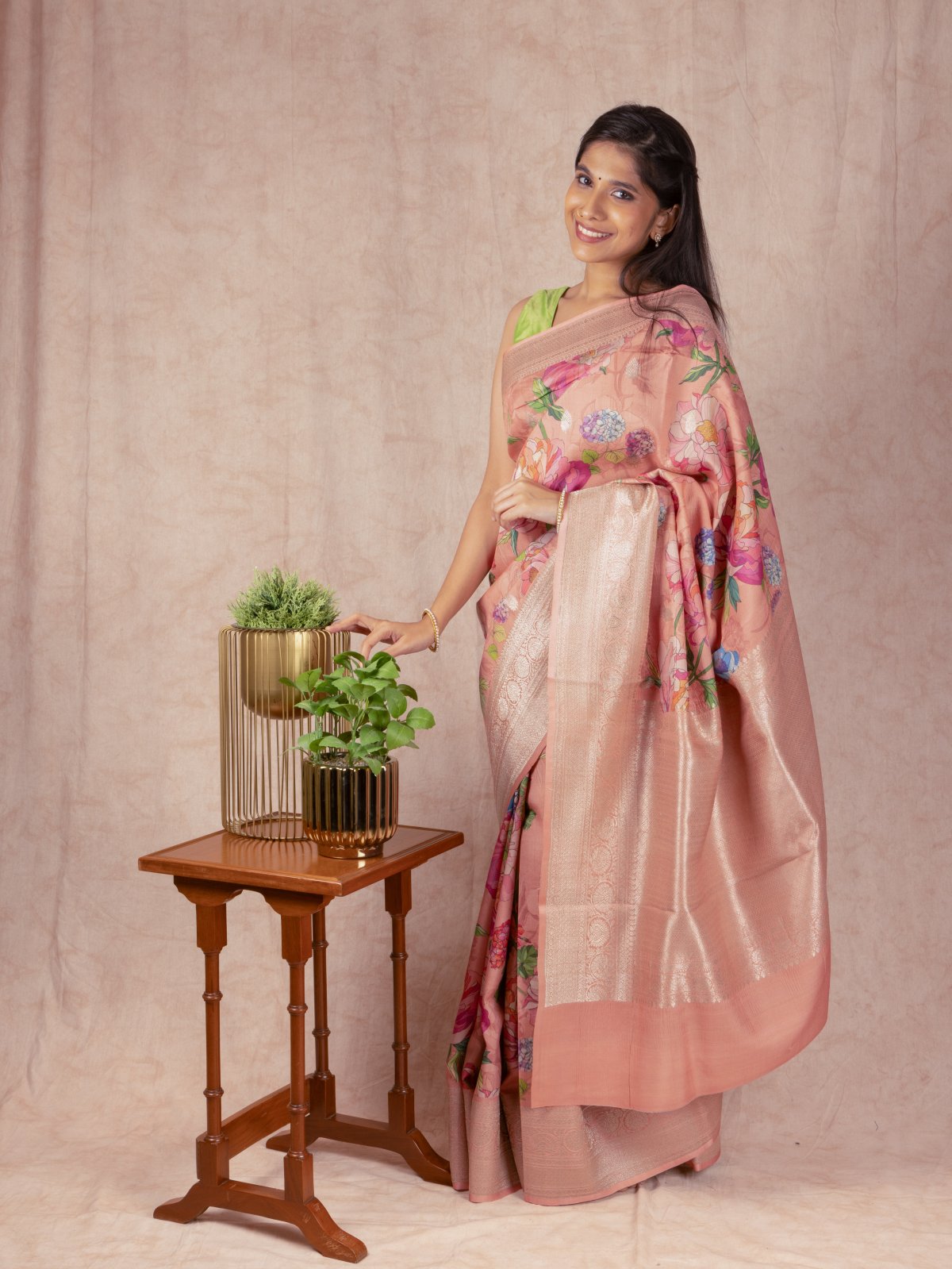 Light Pink Tussar Silk Saree with Floral Banaras Border