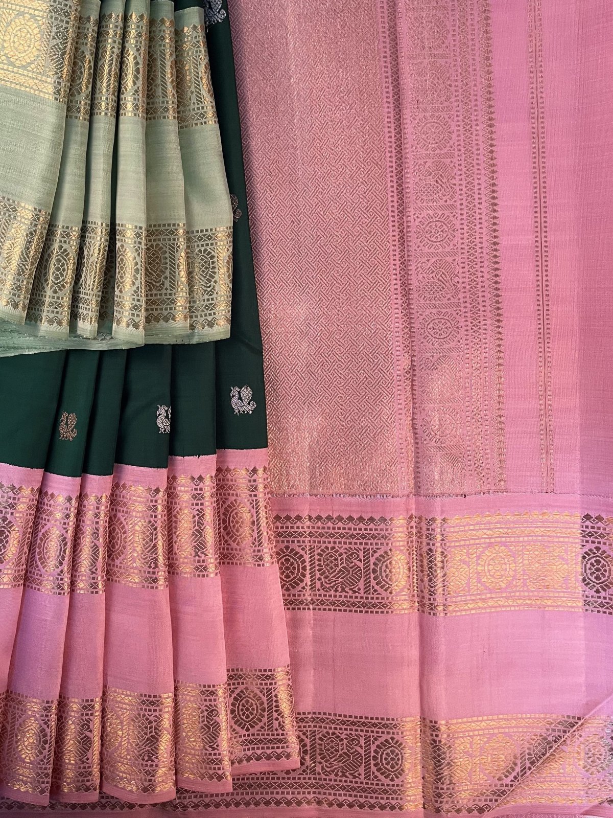 Dark Green Kanjeevaram Silk Saree With Ganga Jamuna Border