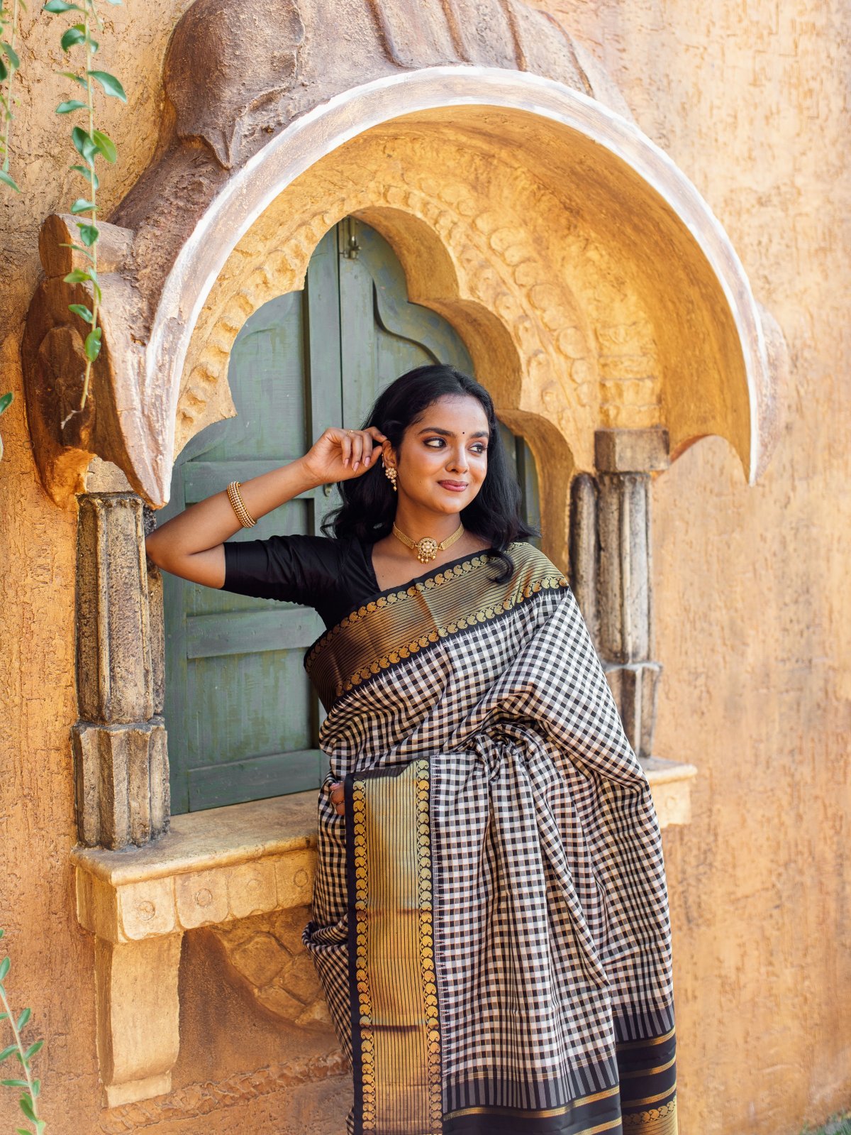 Handwoven Checked Kanjeevaram Silk Saree With Black Border Handwoven Checked Kanjeevaram Silk Saree With Black Border