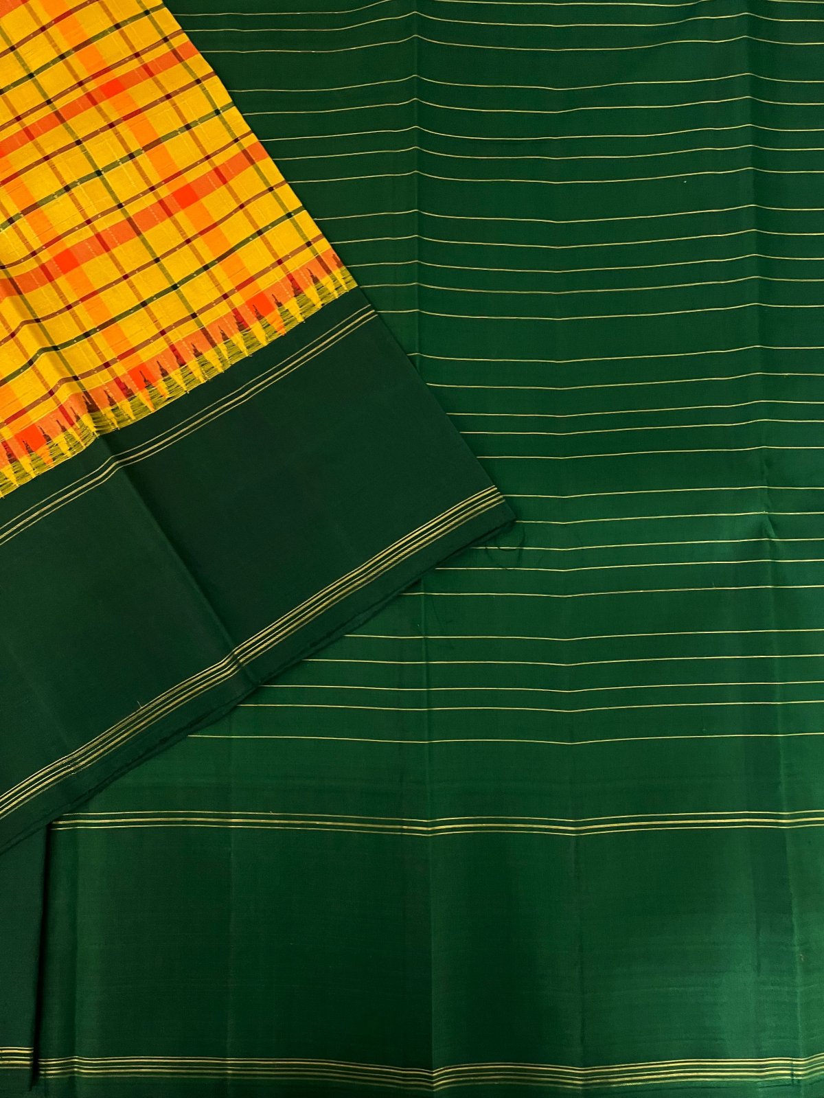 Yellow Checked Kanjeevaram Silk Saree with Dark Green Border - Tulsi Weaves