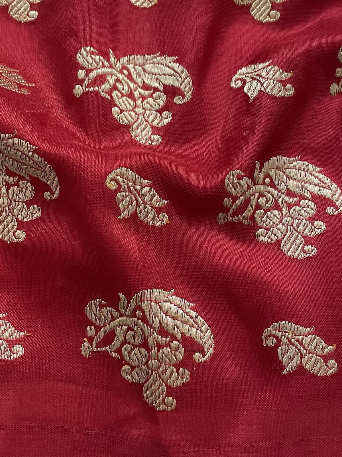 Bright Red Banaras Silk Blouse with Gold Zari Floral Buttis - Tulsi Weaves