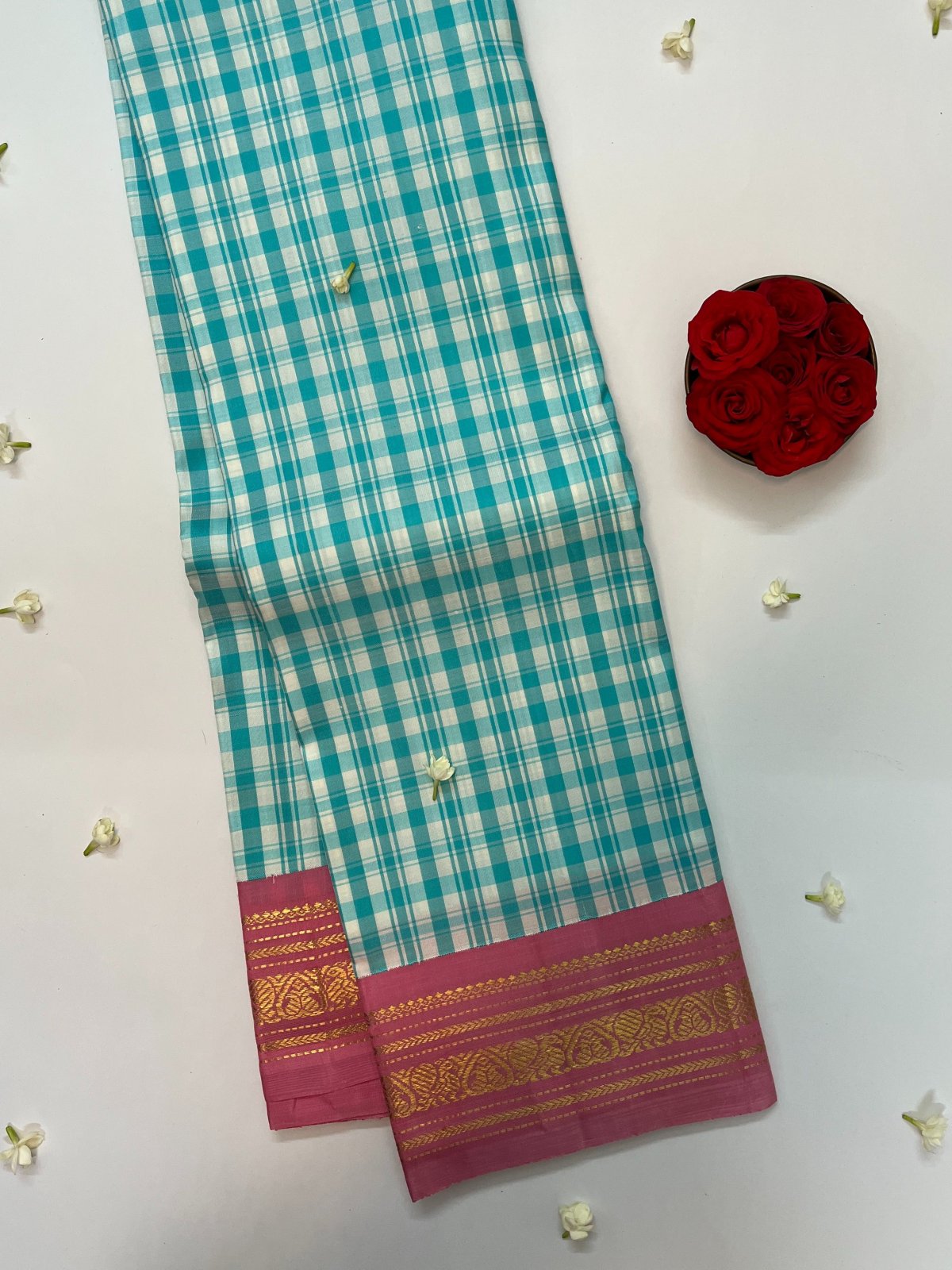 Handwoven Checked Kanjeevaram Silk Saree With Blue Border