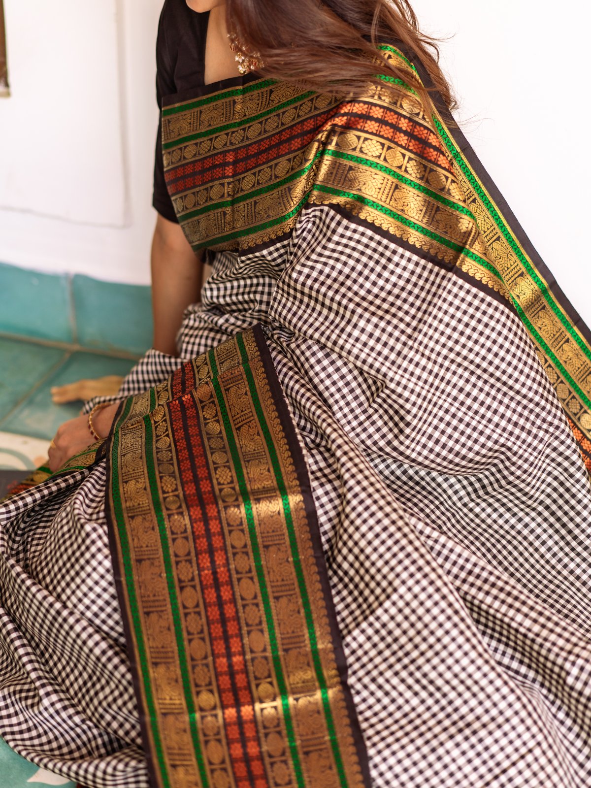 Checked Black & White Kanjeevaram Silk Saree with Black Border - Tulsi ...