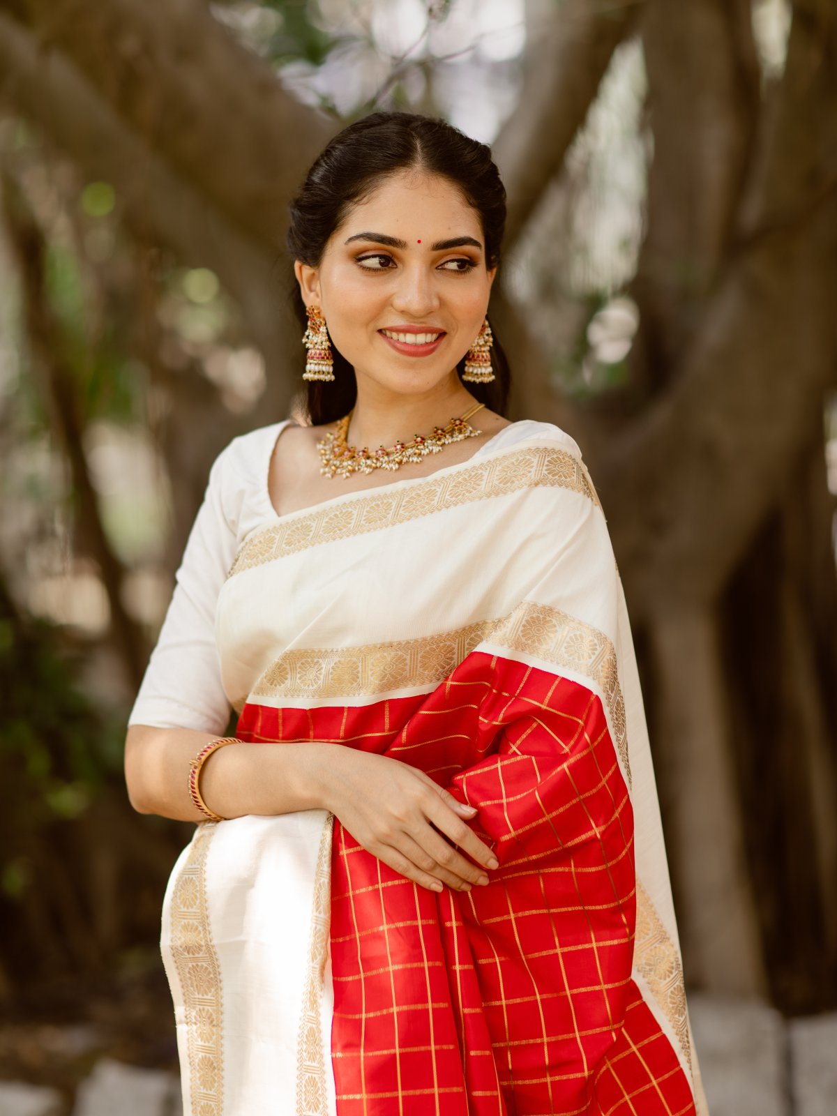 Checked Red Kanjeevaram Silk Saree with White Border - Tulsi Weaves