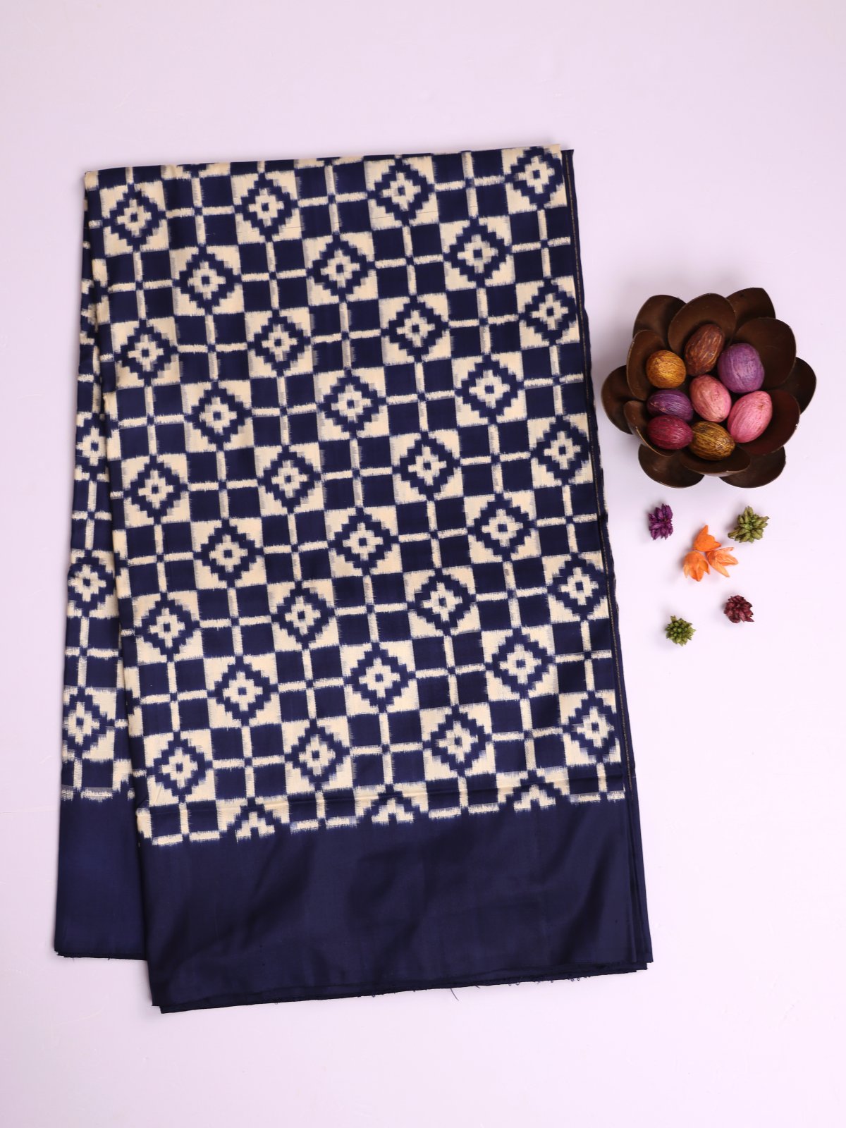 Navy Blue Ikat Silk Saree | Geometric Patterns | Tulsi weaves