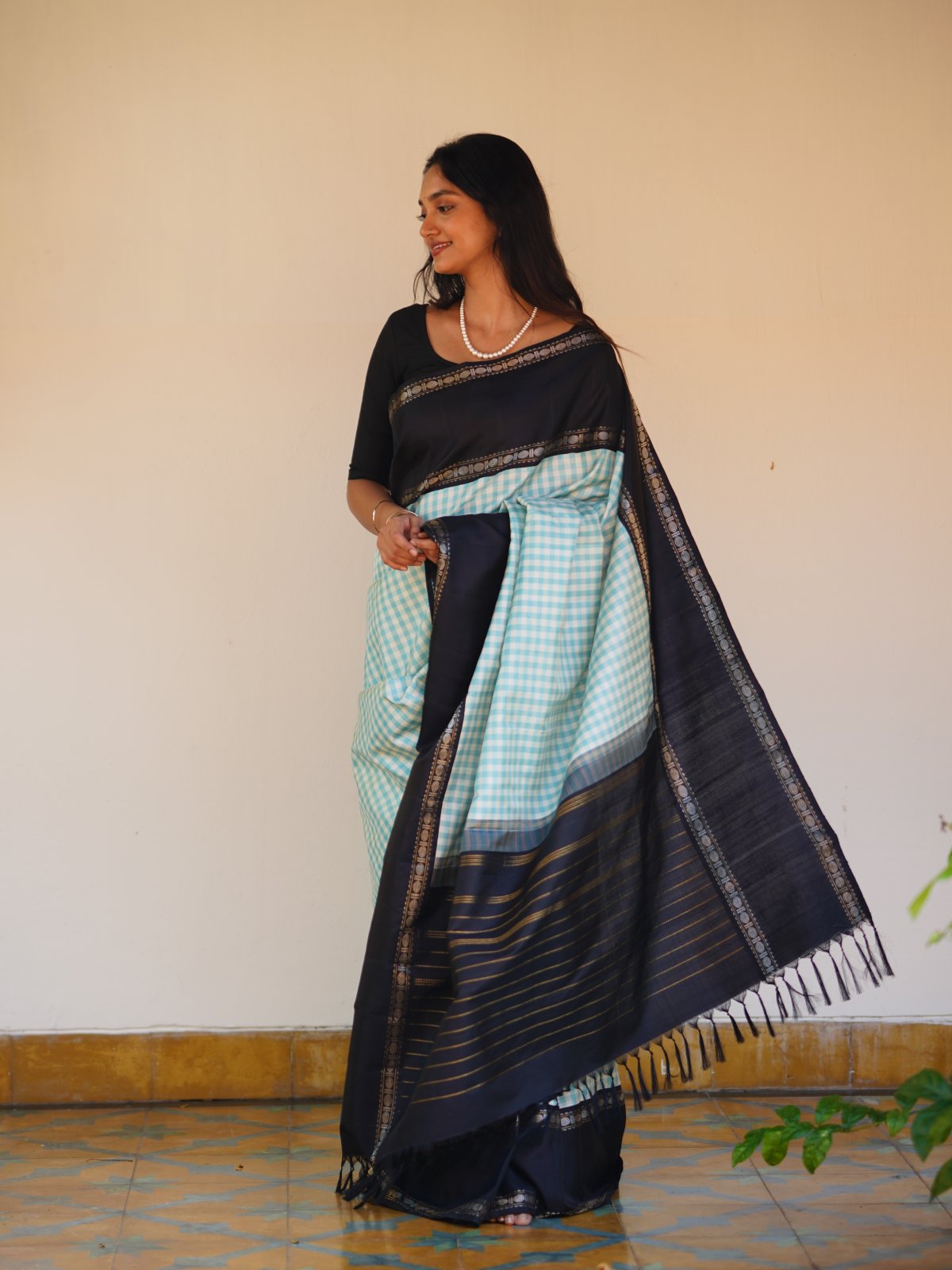 Light Blue Checked Kanjeevaram Silk Saree with Black Zari Border ...