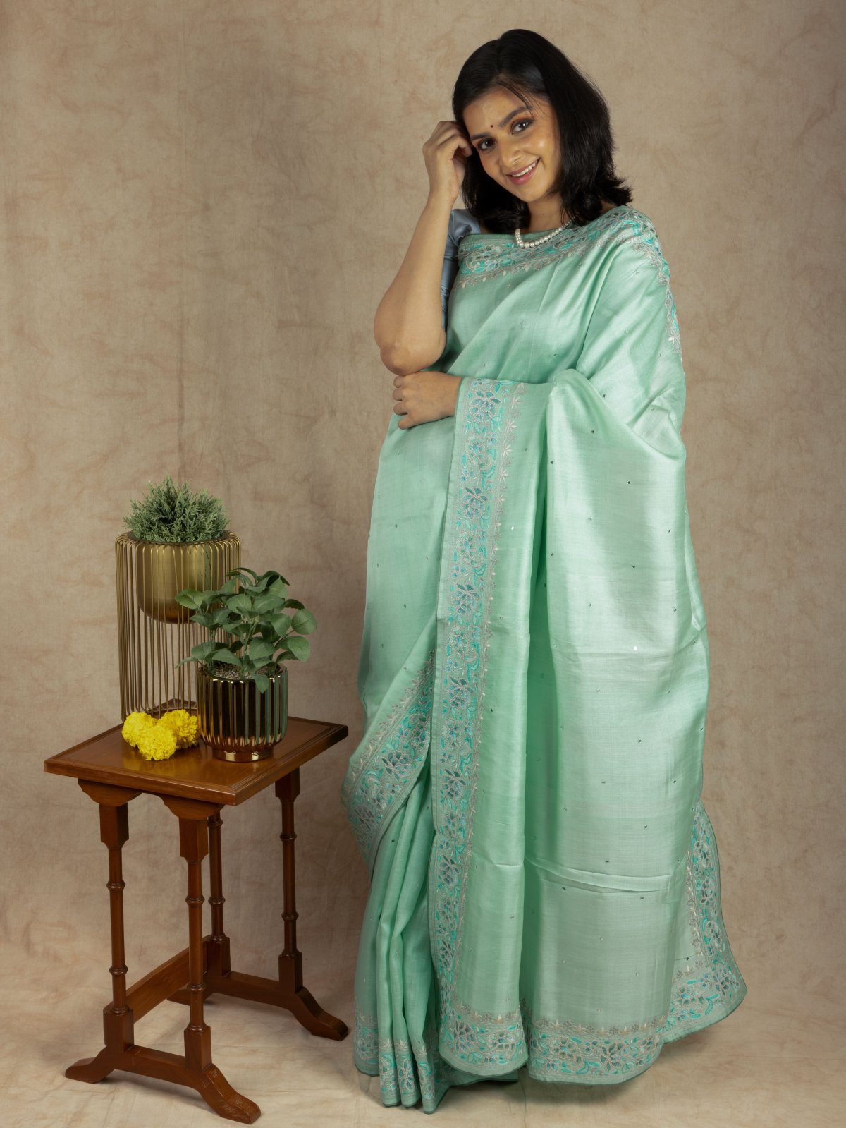 Light Green Tussar Silk Saree with Floral Embroidery Border