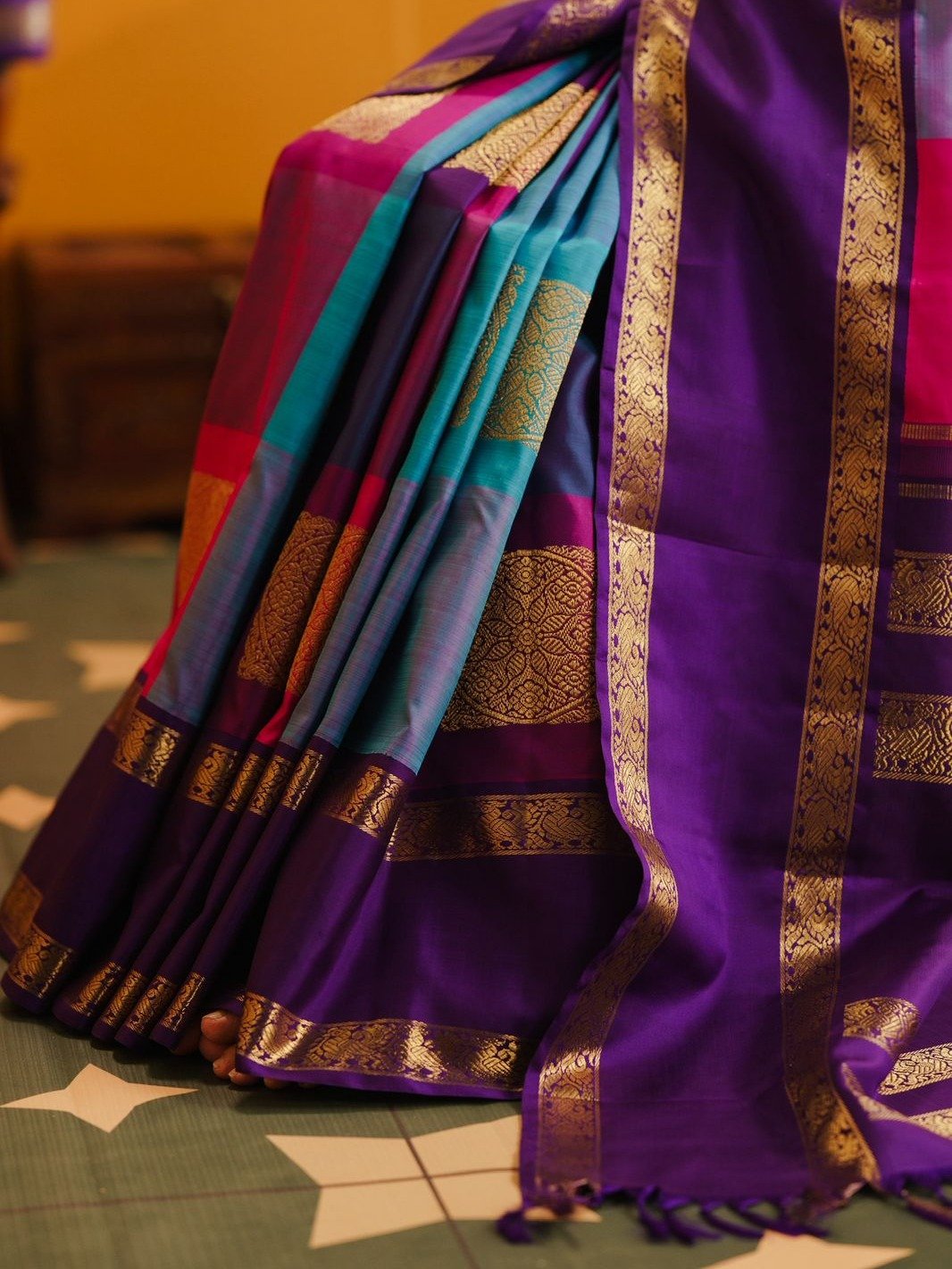 Multi Color Checked Kanjeevaram Silk Sarees With Purple Border - Tulsi ...