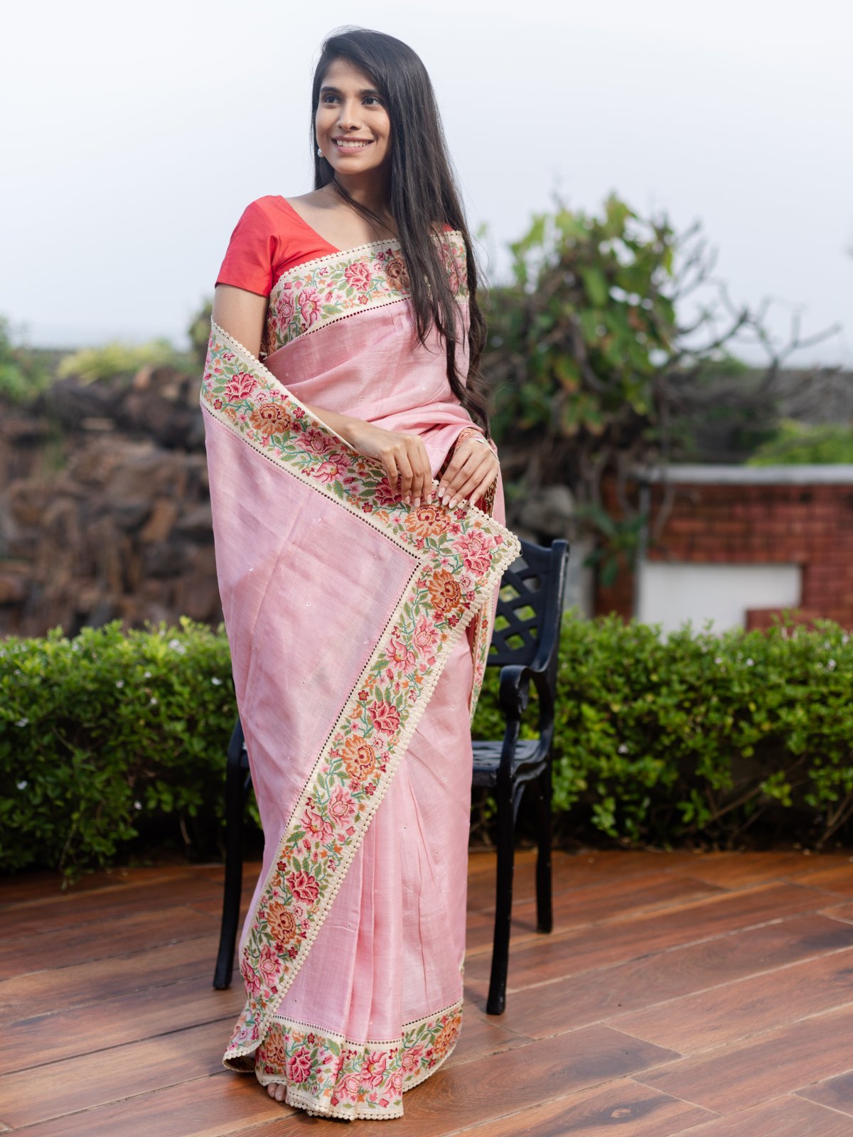Pastle Pink Tussar Silk Saree with Floral Embroidery Border - Tulsi Weaves