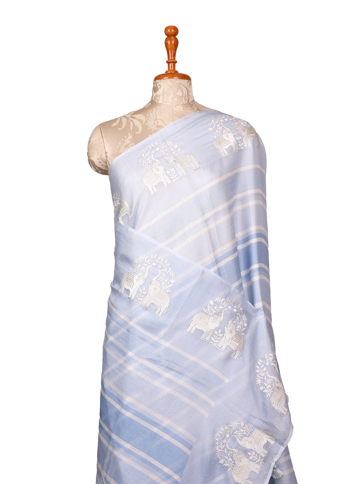 Light Blue Striped Kota Silk Saree With Embroidered Border | Tulsi weaves
