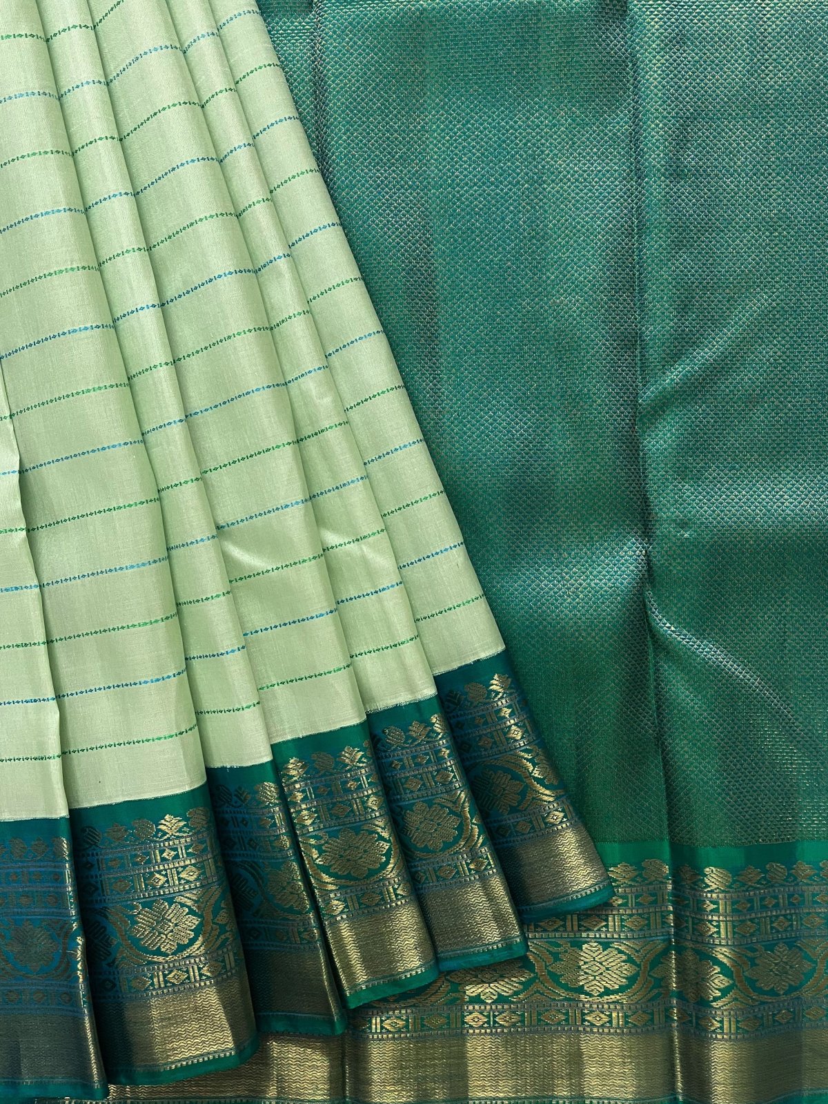 Light Green Kanjeevaram Silk Saree With Blue-Green Border