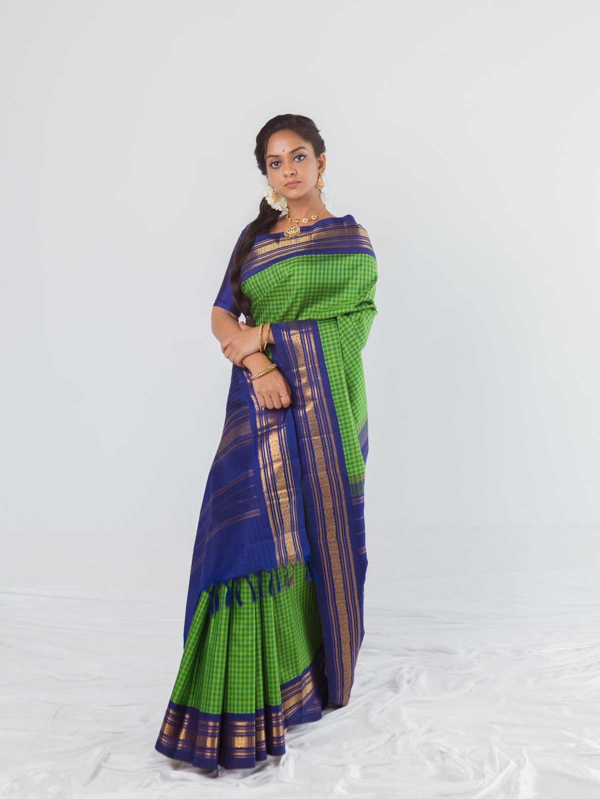 Green Kanjivaram Silk Saree With MS Blue Retta Pett Border