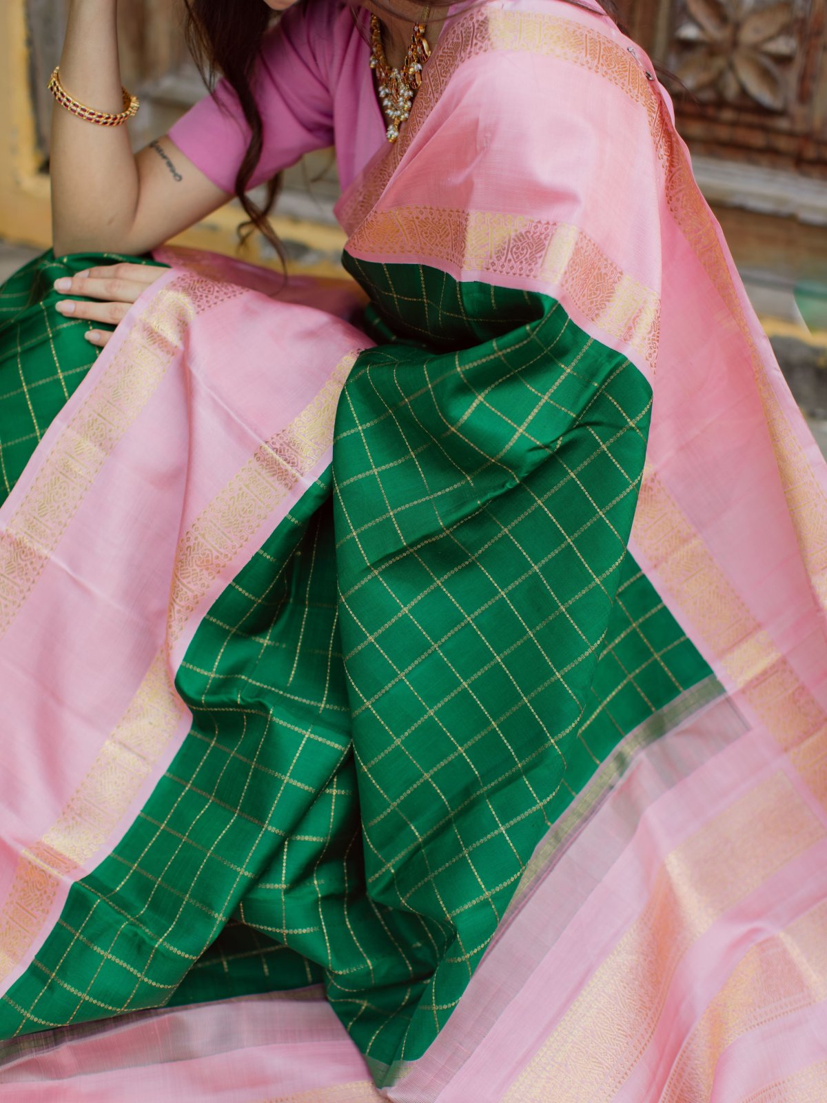 Checked Green Kanjeevaram Silk Saree with Pastel Pink Border - Tulsi Weaves