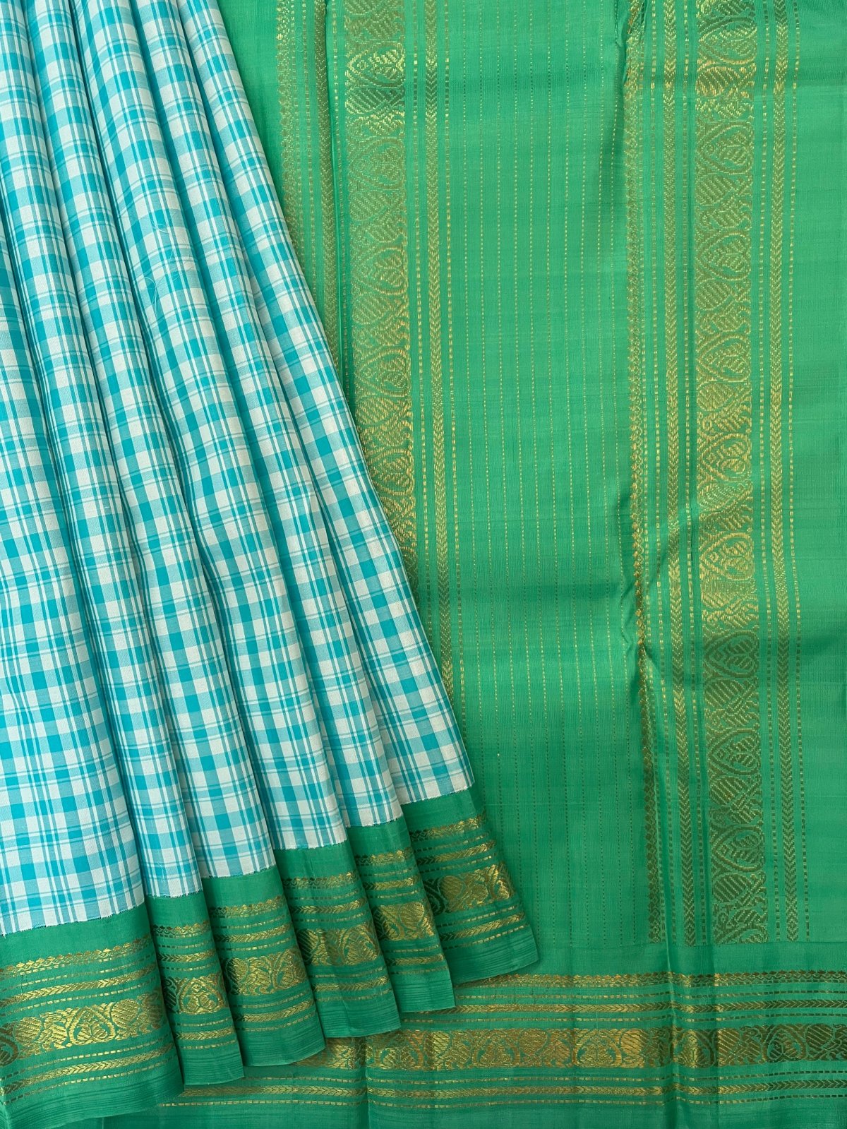 Checked Blue Kanjeevaram Silk Saree With Green Border