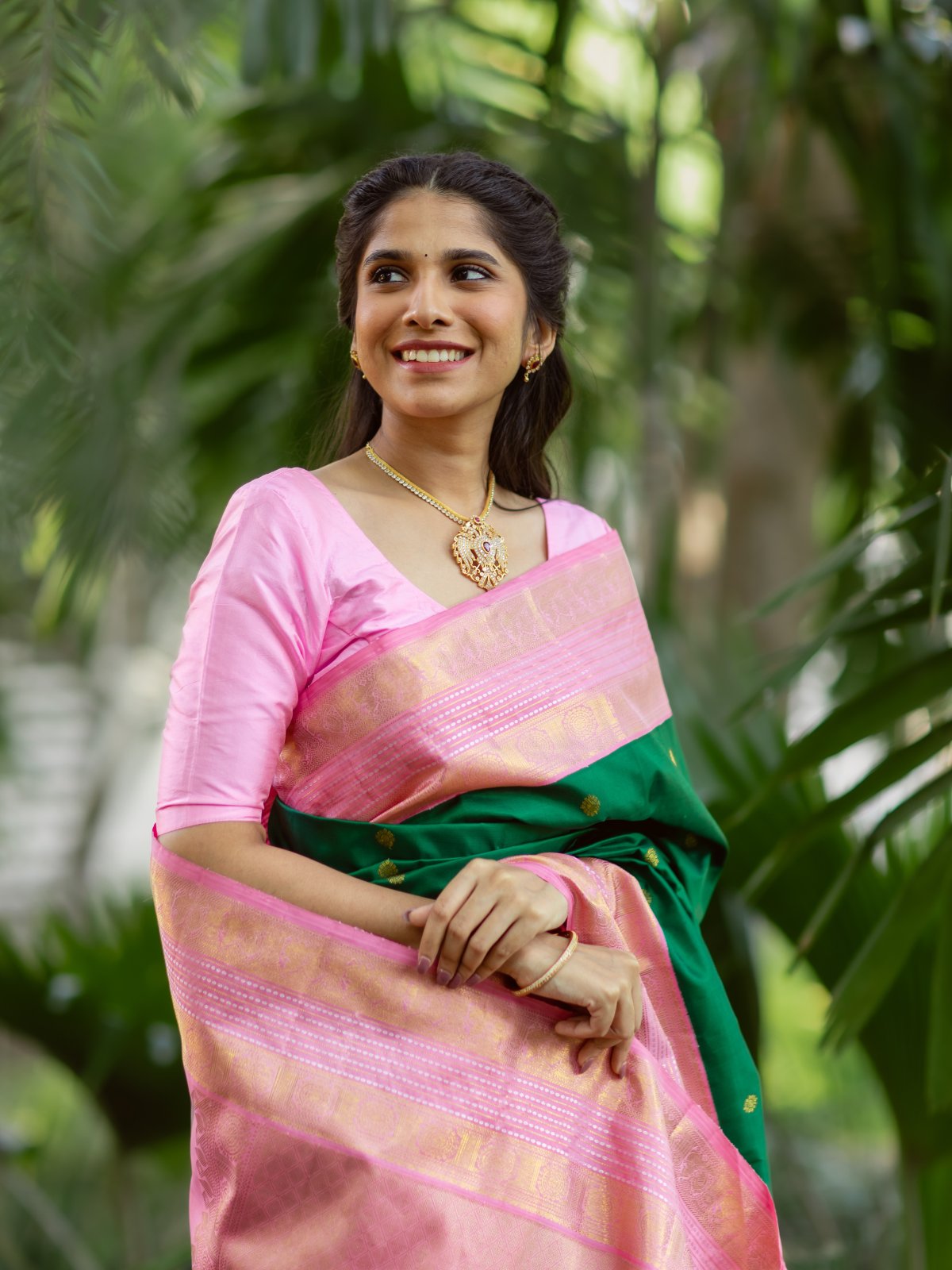 Green Kanjeevaram Silk Saree with Light Pink Border - Tulsi Weaves