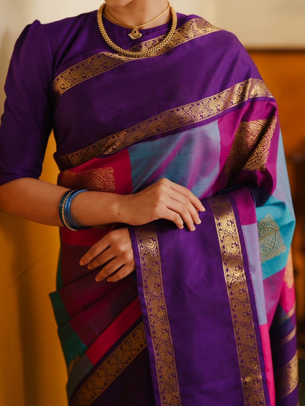 Multi Color Checked Kanjeevaram Silk Sarees With Purple Border - Tulsi ...