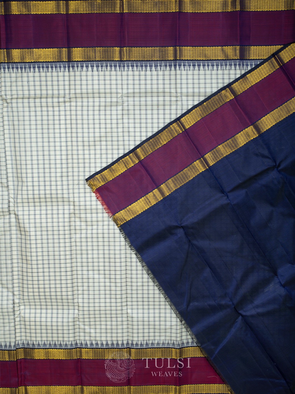 Black and white checks Kanjeevaram silk saree with Maroon korvai border