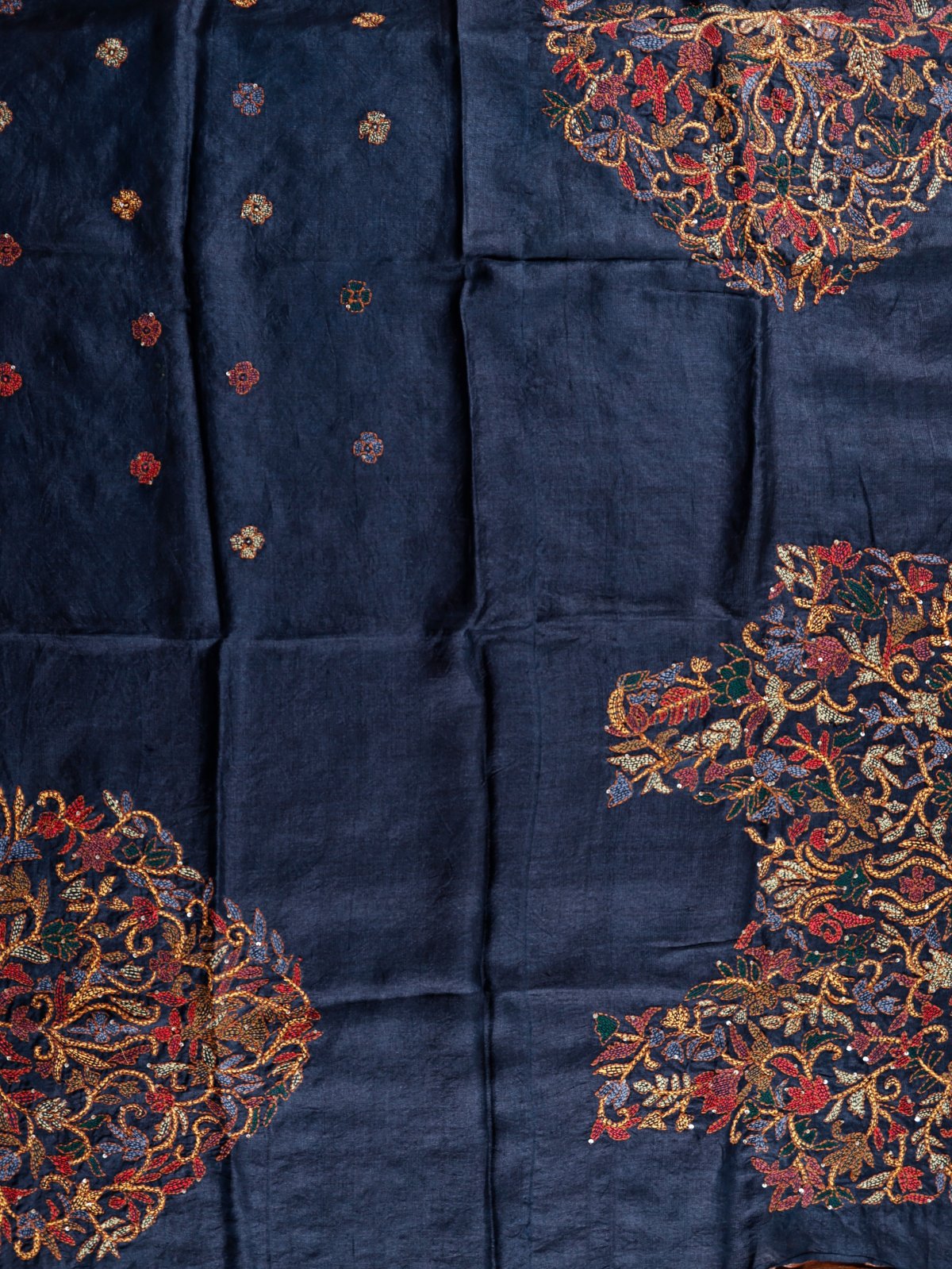 Navy Blue Tussar Silk Blouse with Kantha Embroidery - Tulsi Weaves