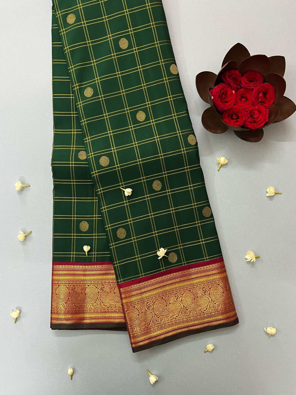 Checked Green Kanjeevaram Silk Saree with Red Border - Tulsi Weaves