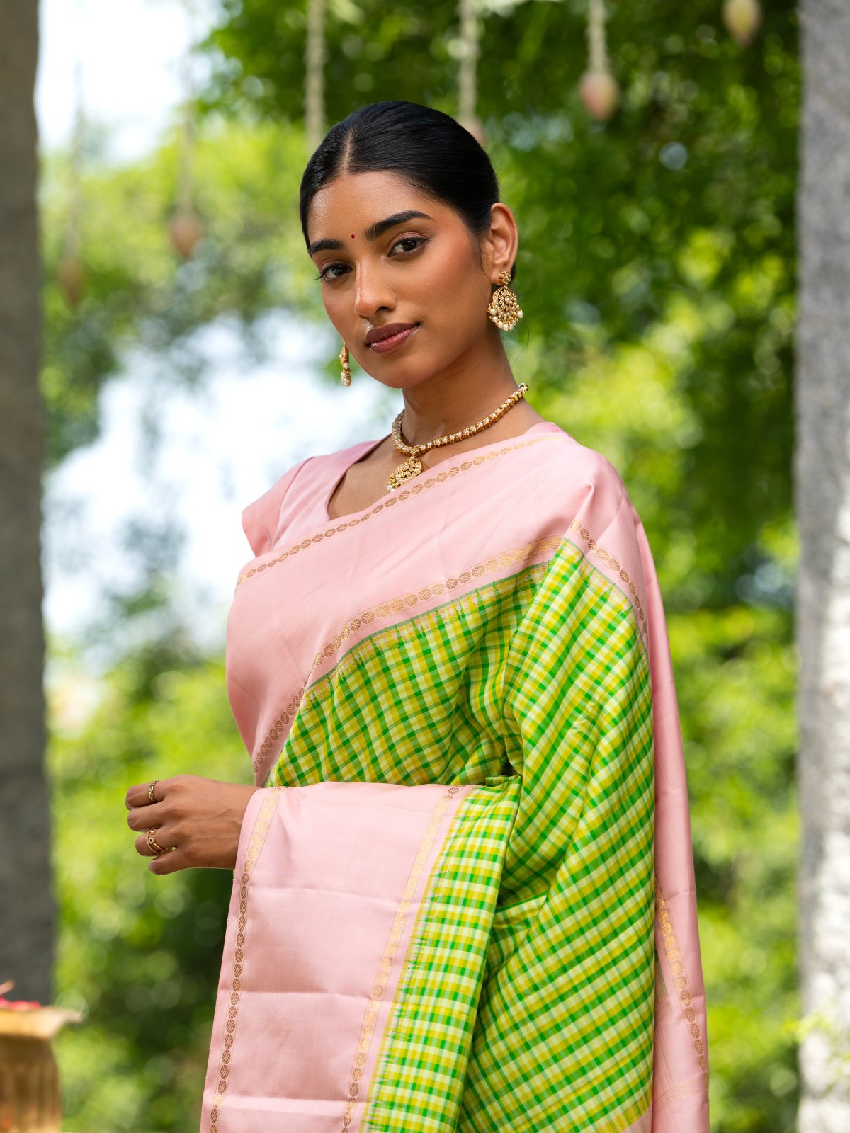 Multi Color-Checked Kanjeevaram Silk Sarees With Pink Border - Tulsi Weaves