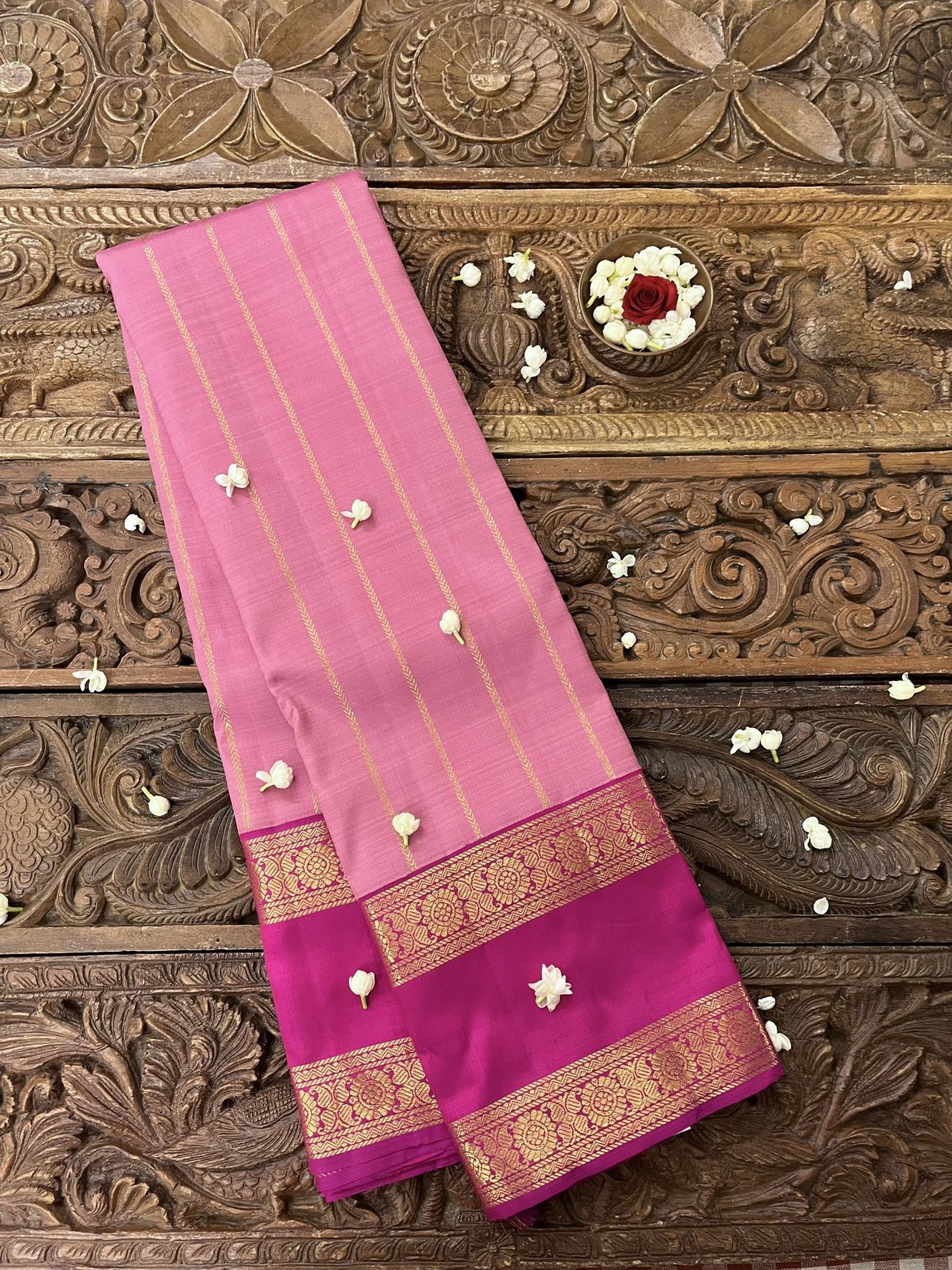 Handwoven Pink Kanjeevaram Silk Saree With Dark Pink Border