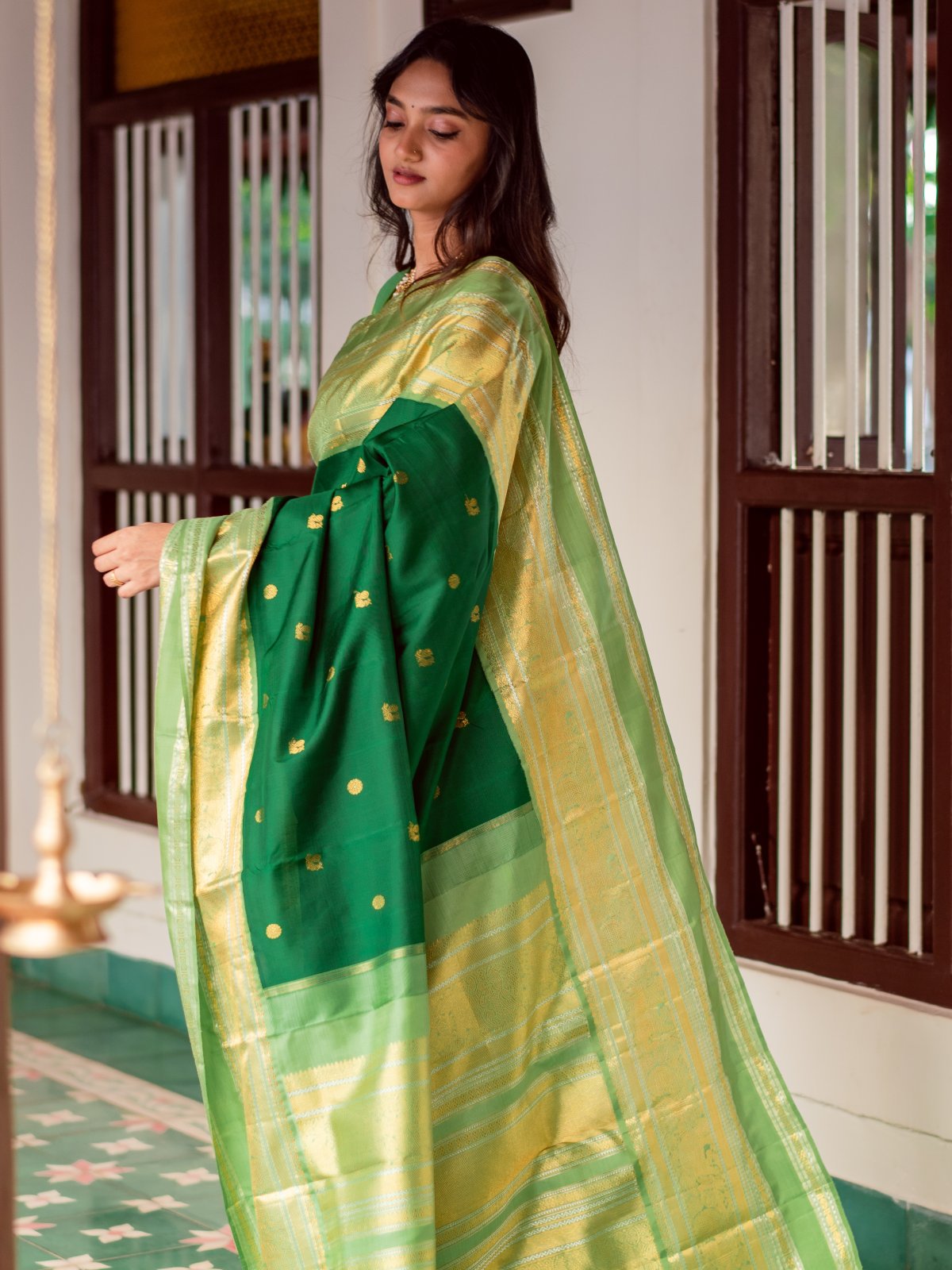 Bottle Green Kanjeevaram Silk Saree with Light Green Border - Tulsi Weaves