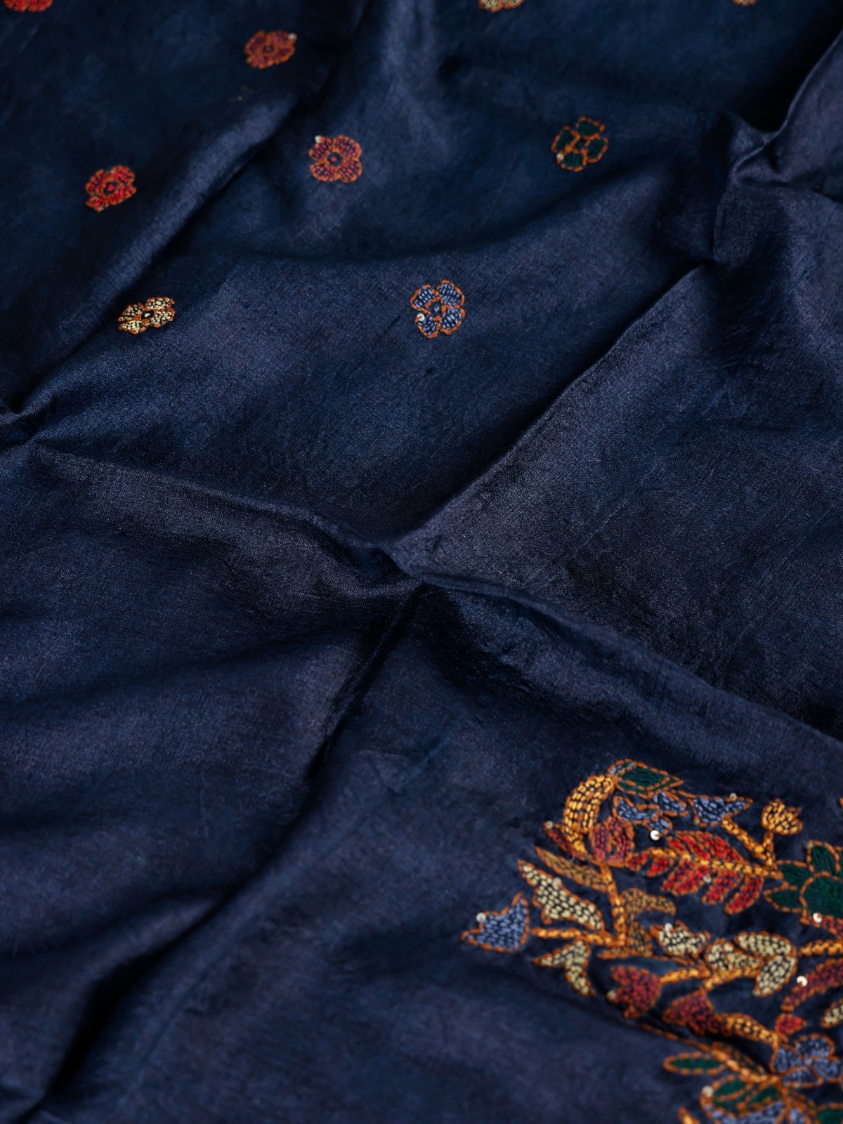 Navy Blue Tussar Silk Blouse with Kantha Embroidery - Tulsi Weaves