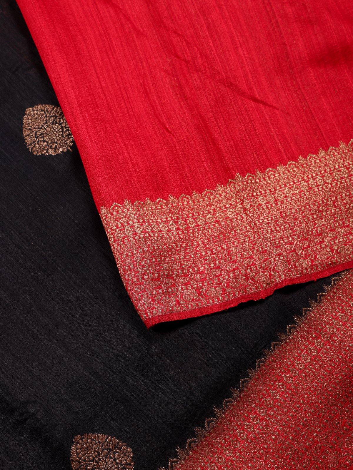 Black Tussar Banaras Silk Saree With Red Border - Tulsi Weaves