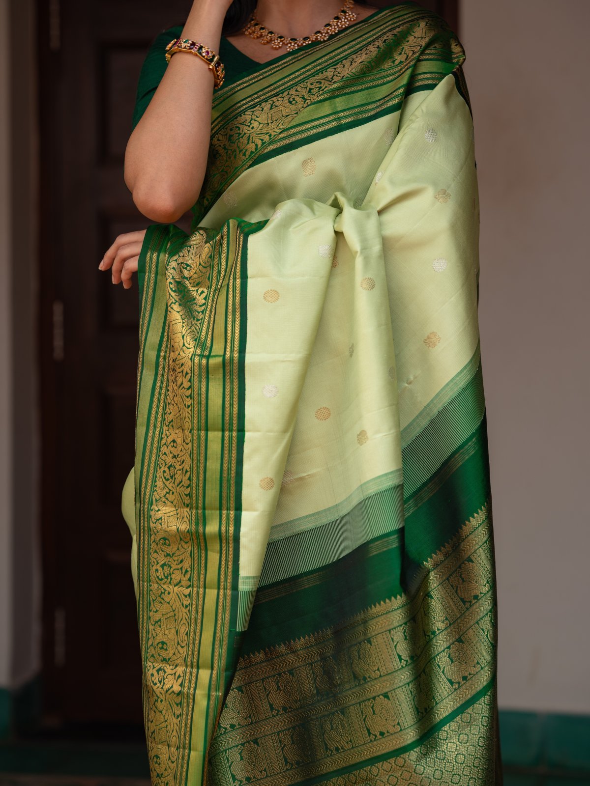 Light Green Kanjeevaram Silk Saree With Dark Green Border - Tulsi Weaves