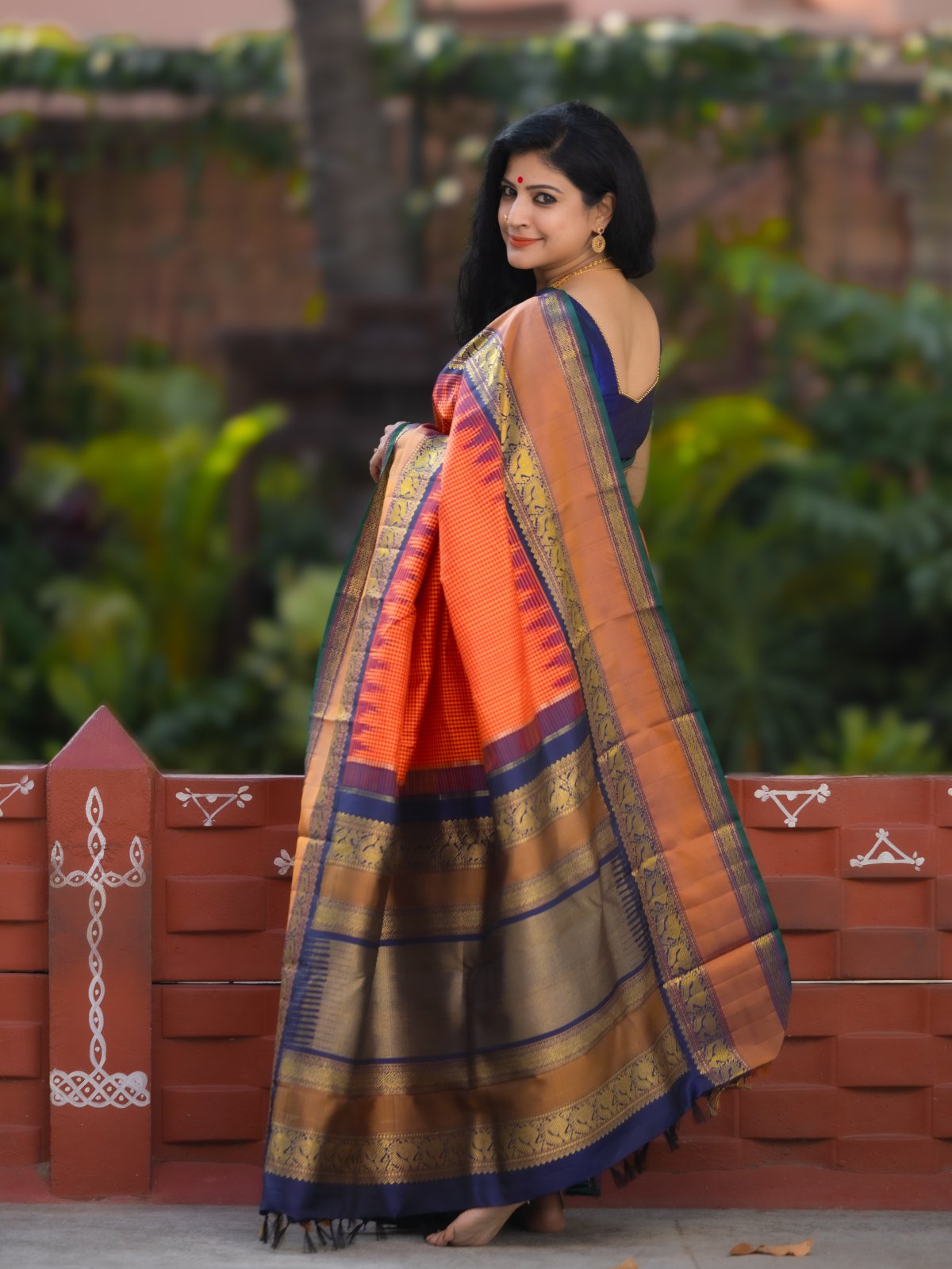 Checked Maroon and Orange Kanjeevaram Silk Saree - Tulsi Weaves