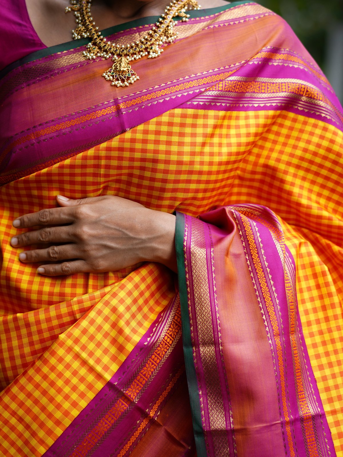 Yellow and Orange Checked Kanjeevaram Silk Saree - Tulsi Weaves