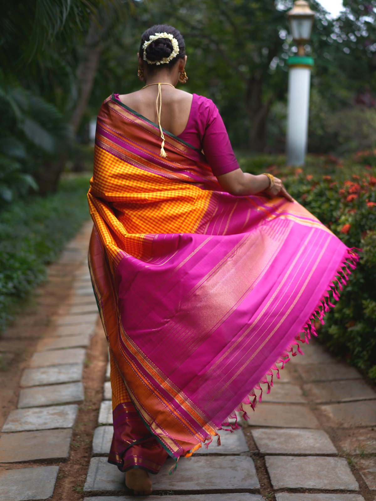 Yellow and Orange Checked Kanjeevaram Silk Saree - Tulsi Weaves