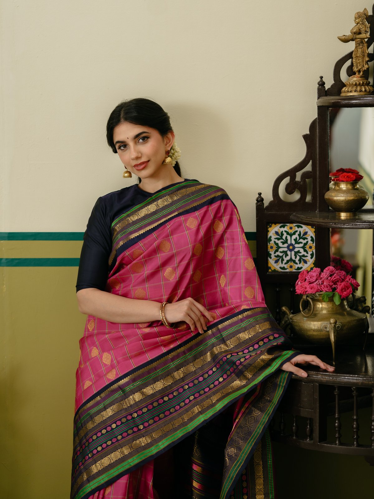 Vintage 32 - Rani Pink Checked Kanjeevaram Silk Saree With Dark Blue Border