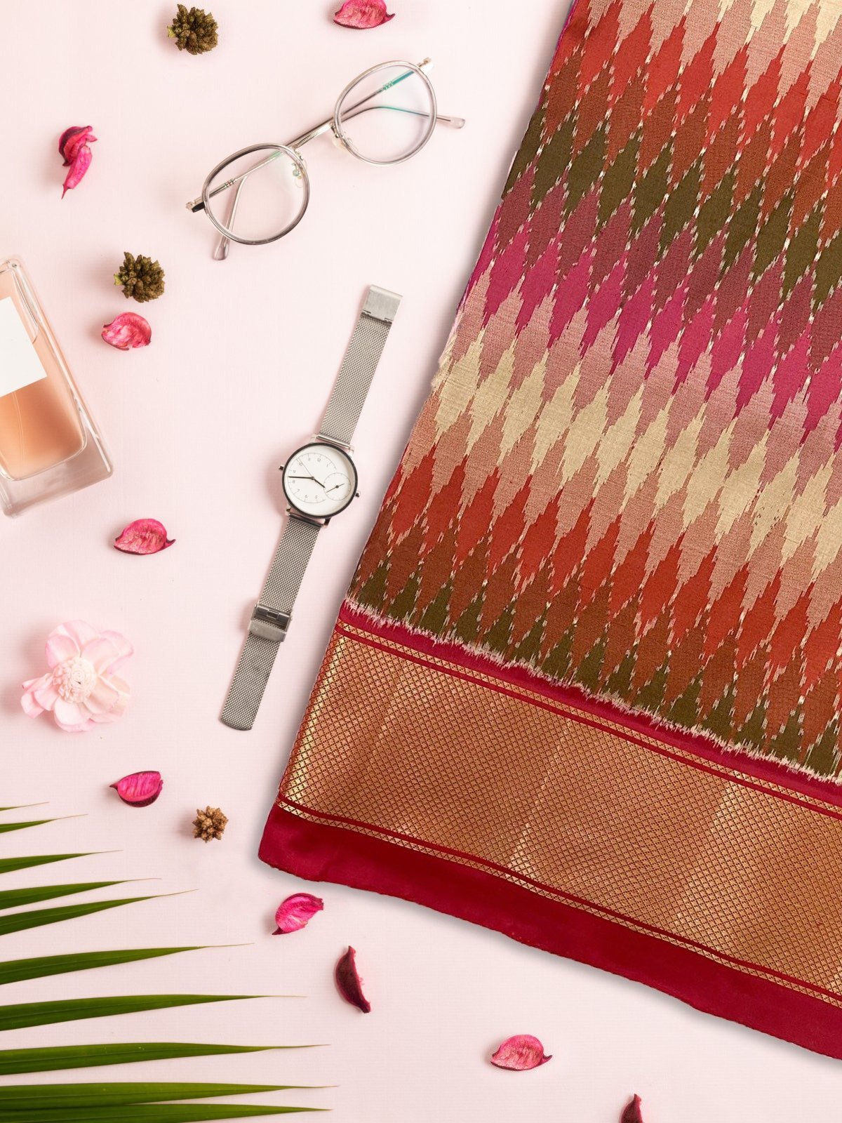 Handwoven Green Ikat Silk Saree With Royal Blue Border