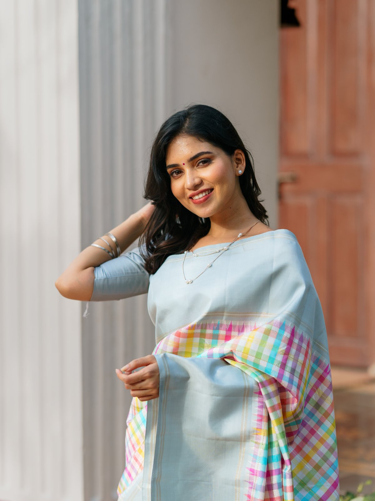 Multi-colour Checked Kanjeevaram Silk Saree with Grey Border - Tulsi Weaves