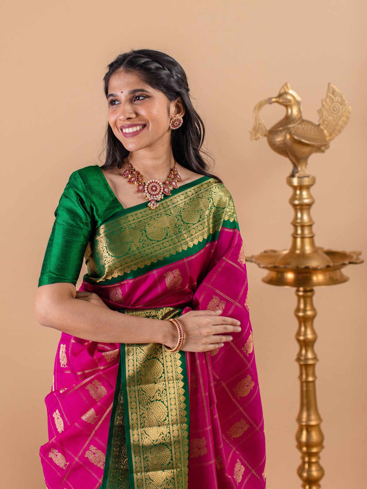 Checked Rani Pink Kanjeevaram Silk Saree with Green Border - Tulsi Weaves