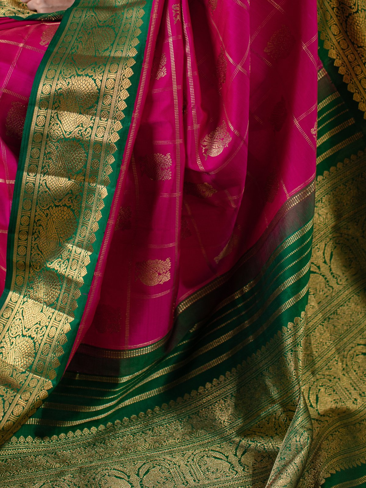 Checked Rani Pink Kanjeevaram Silk Saree with Green Border - Tulsi Weaves