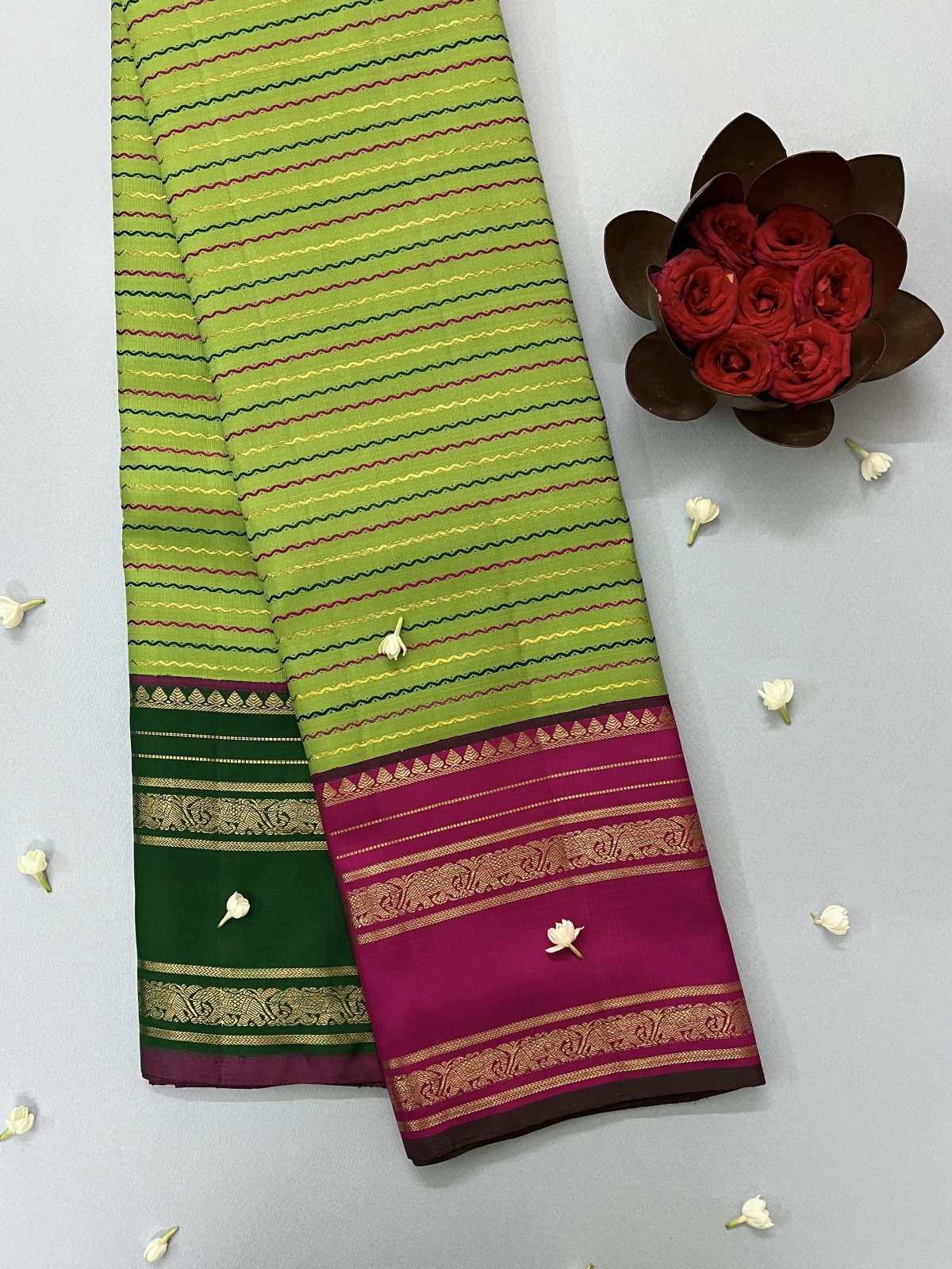 Checked Green Kanjeevaram Silk Saree With Pastel Pink Border