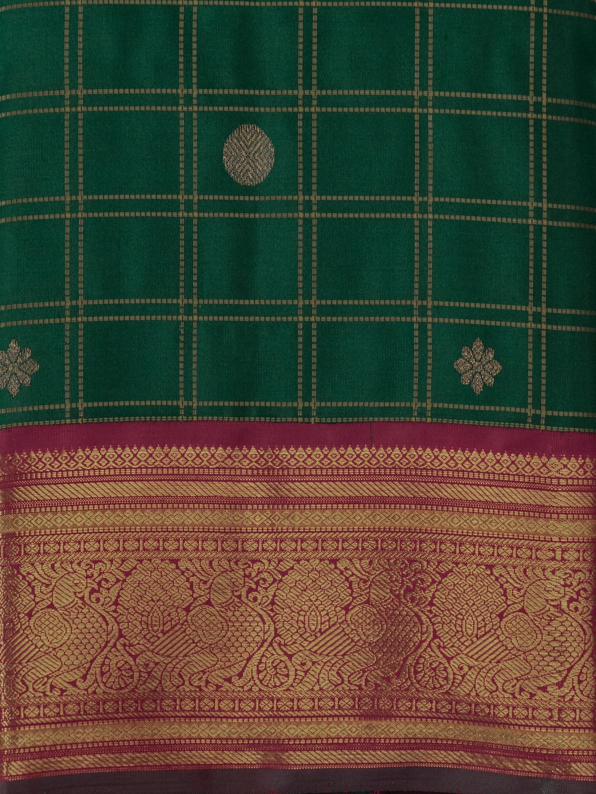 Checked Green Kanjeevaram Silk Saree with Red Border - Handwoven Indian ...