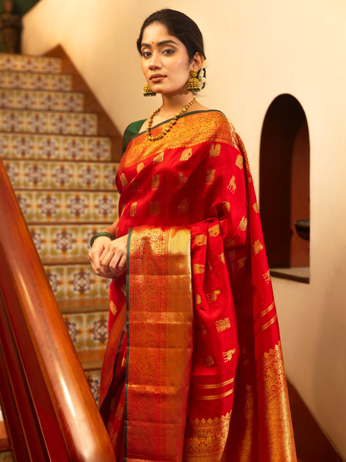 Red Checked Kanjeevaram Silk Saree with Korvai Border – Tulsi Weaves