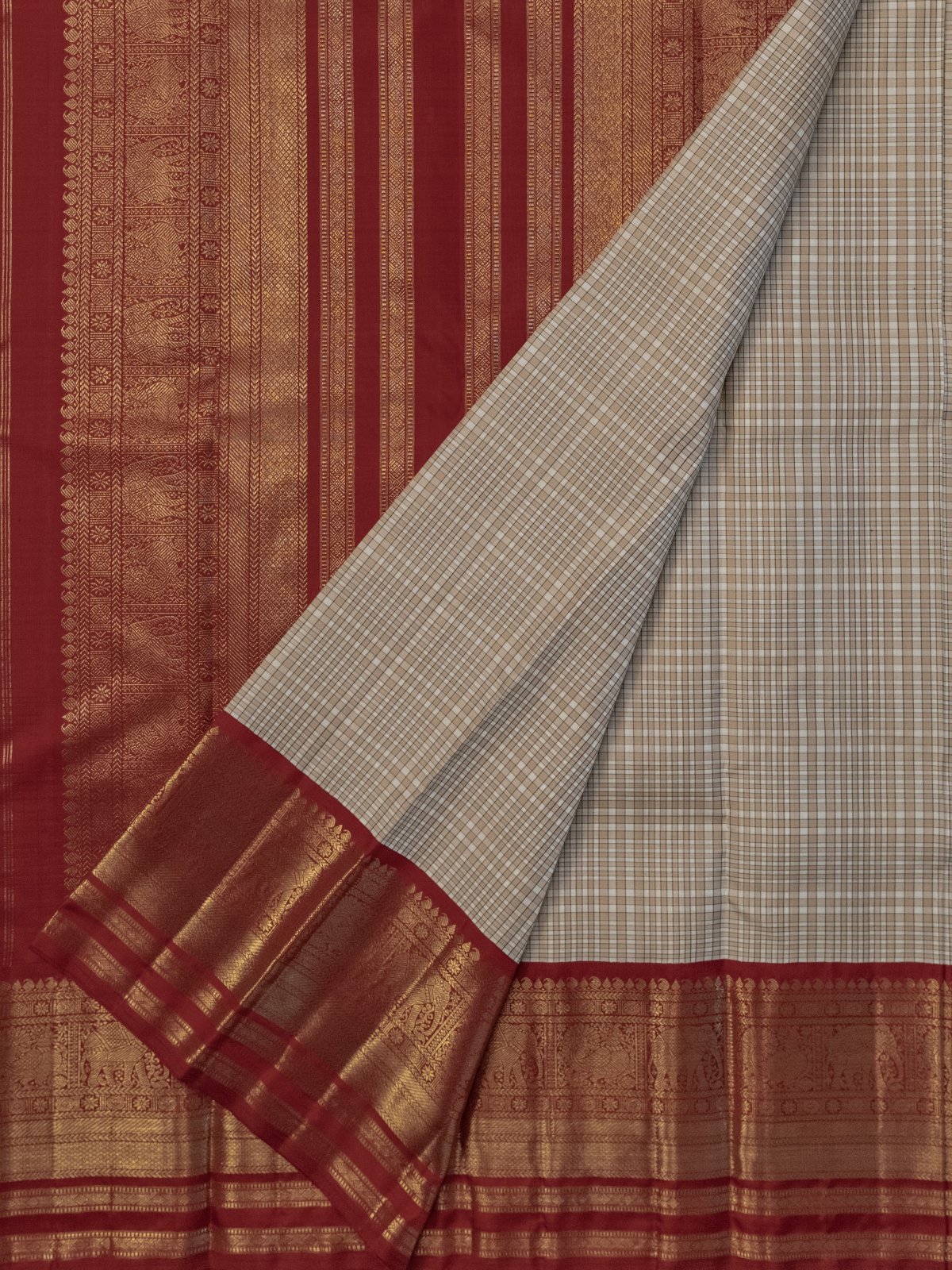 Checked Off-White Kanjeevaram Silk Saree with Red Border - Tulsi Weaves