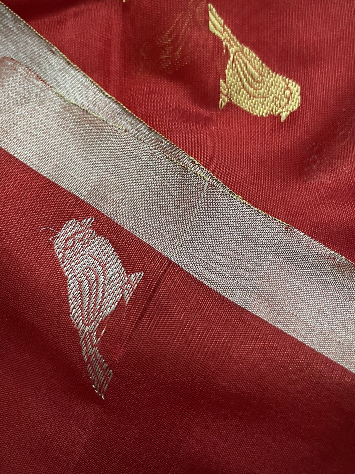 Vermillion Red Chanderi Silk Blouse With Gold and Silver Zari Bird Motifs
