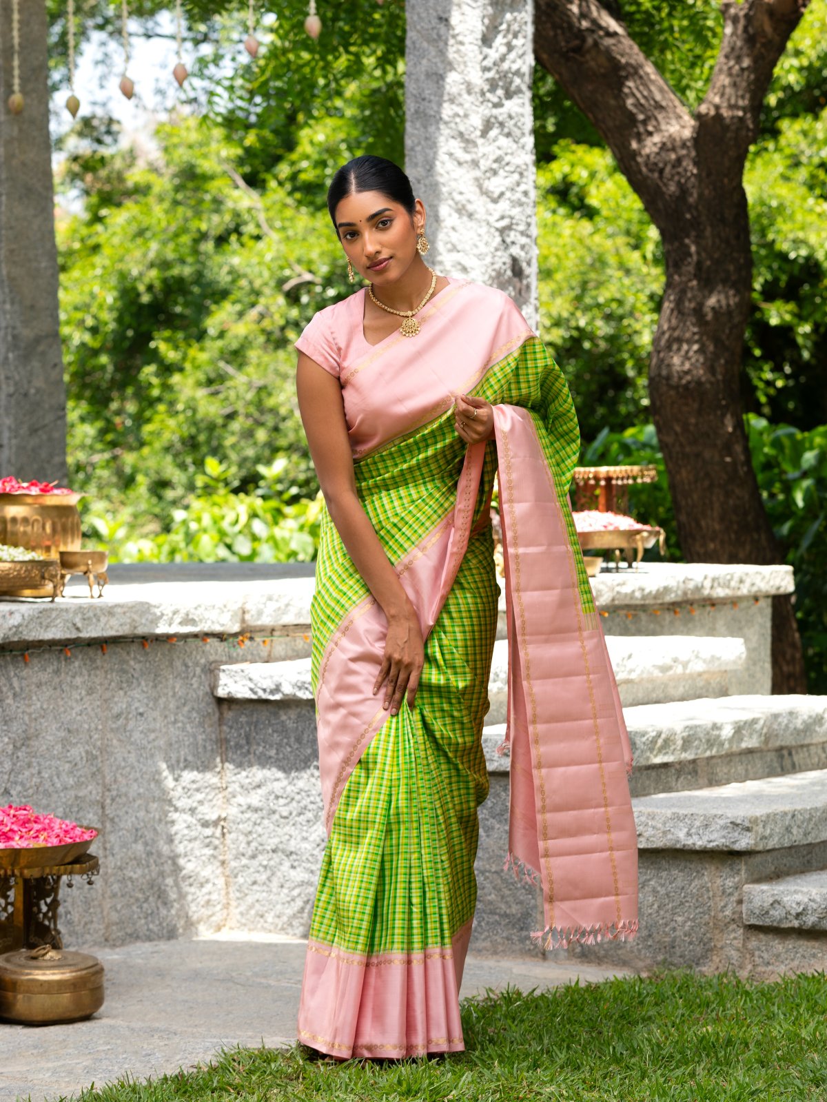 Multi Color-Checked Kanjeevaram Silk Sarees With Pink Border - Tulsi Weaves