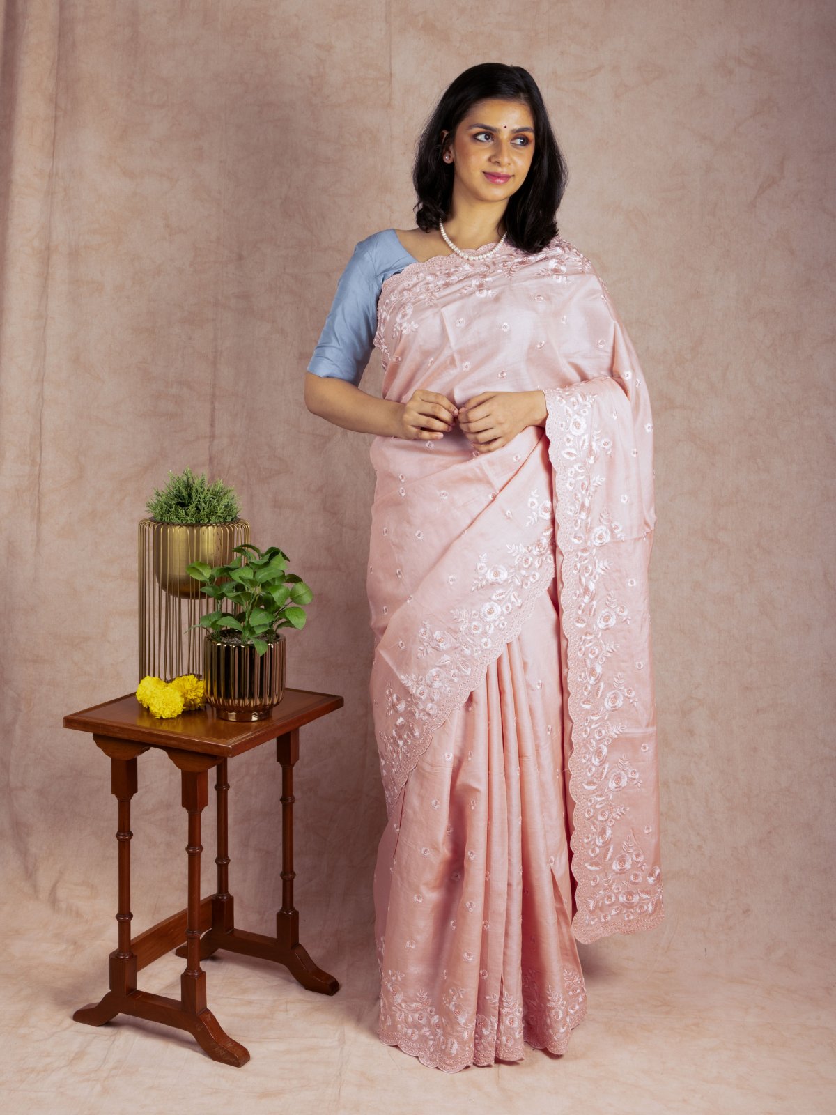Baby Pink Tussar Silk Saree with Floral Embroidery Border