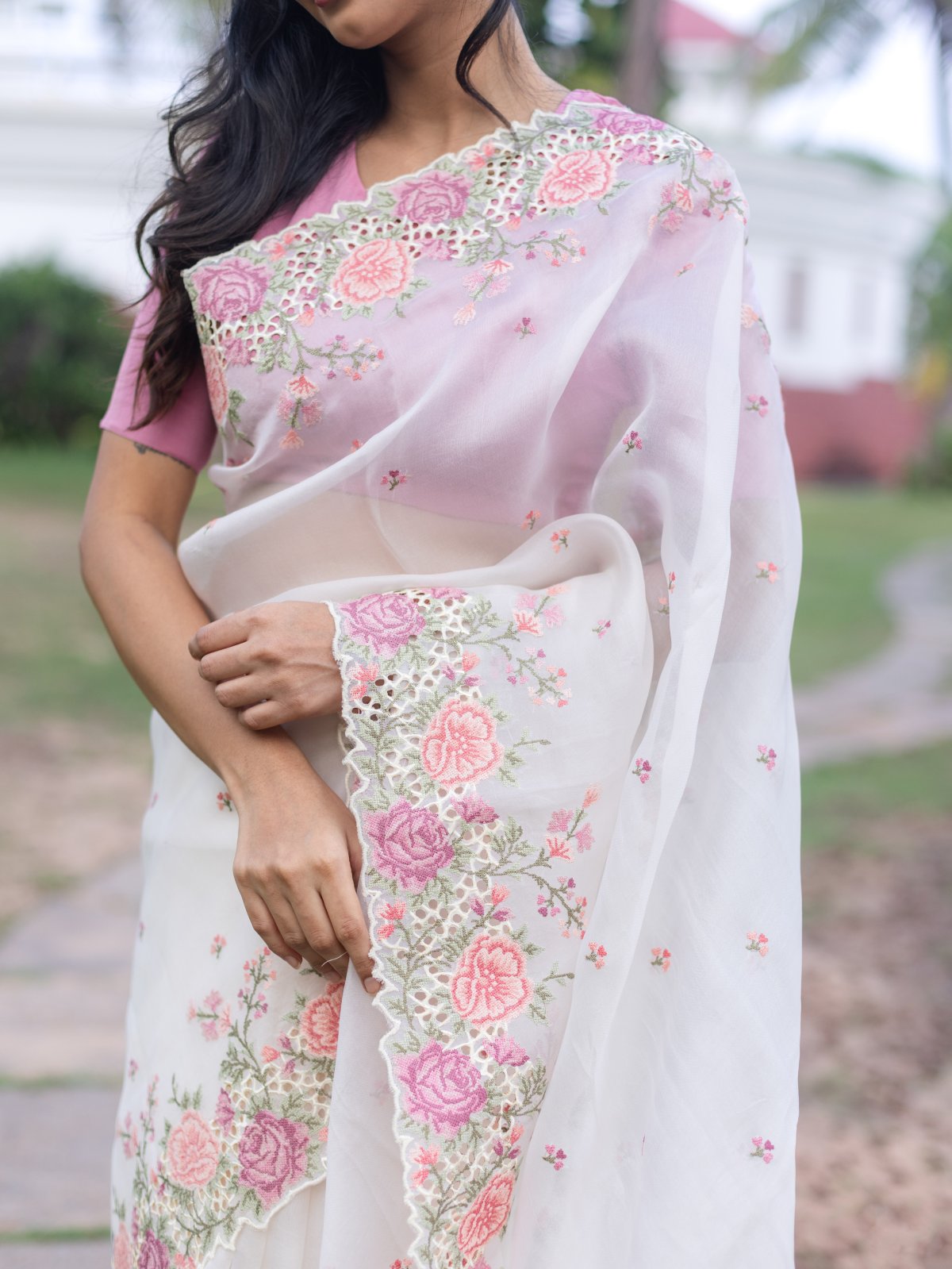 White Organza Saree with Floral Embroidered Border - Tulsi Weaves